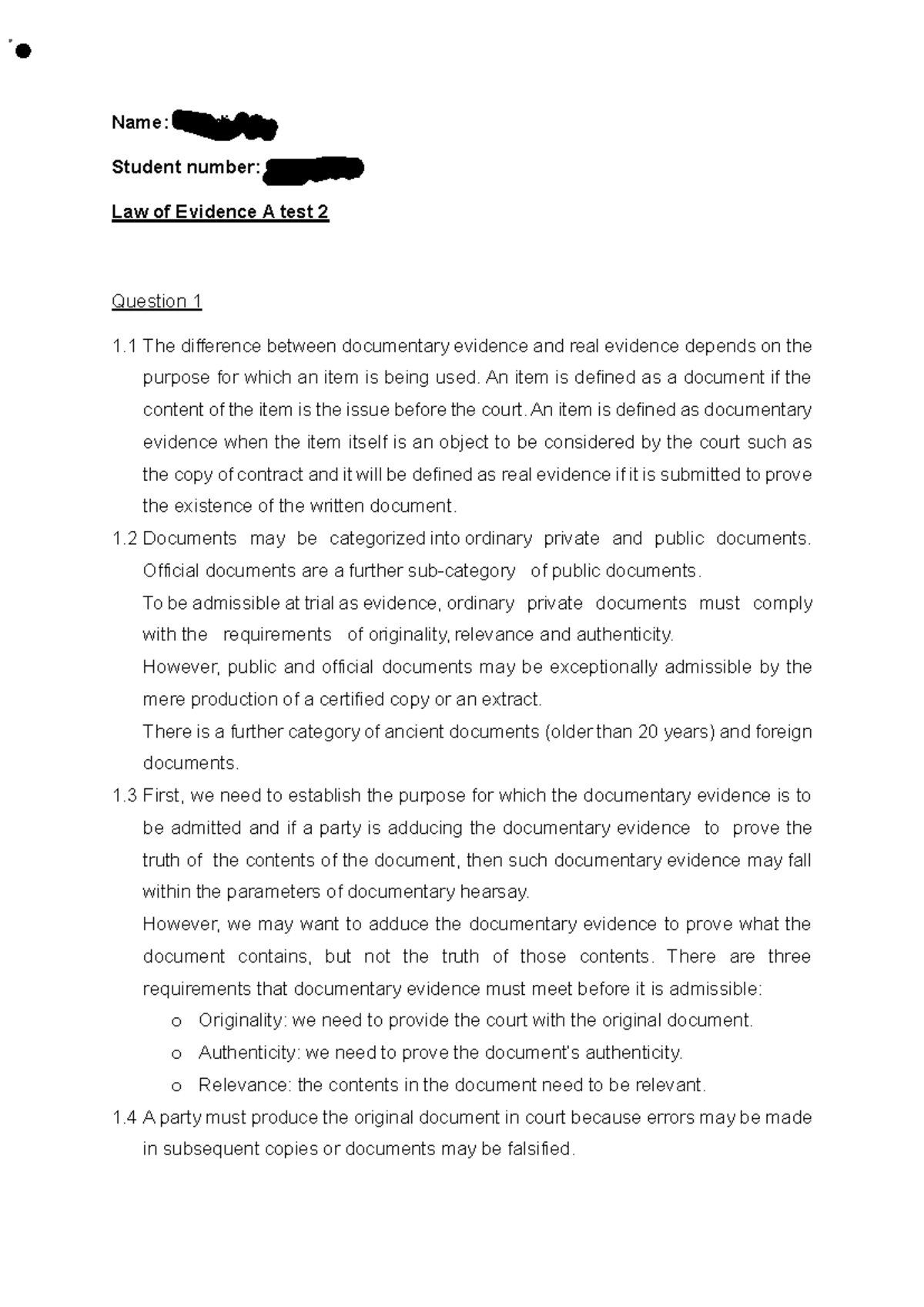 LAW OF Evidence TEST 2: Understanding Documentary vs. Real Evidence ...