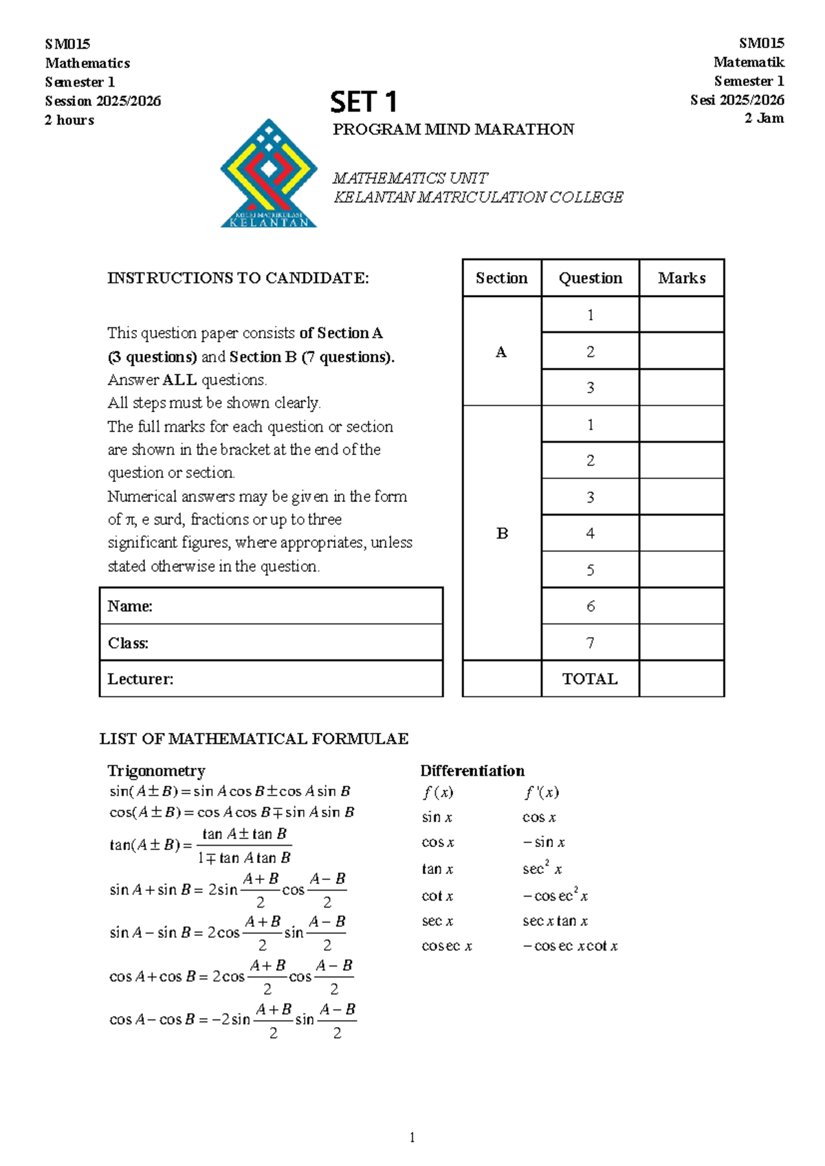 SM015 Mathematics Semester 1 Exam Set 1 - Study Guide - Studocu