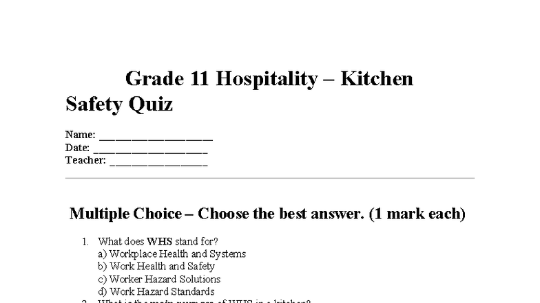 Grade 11 Hospitality: Kitchen Safety Quiz and Study Notes - Studocu