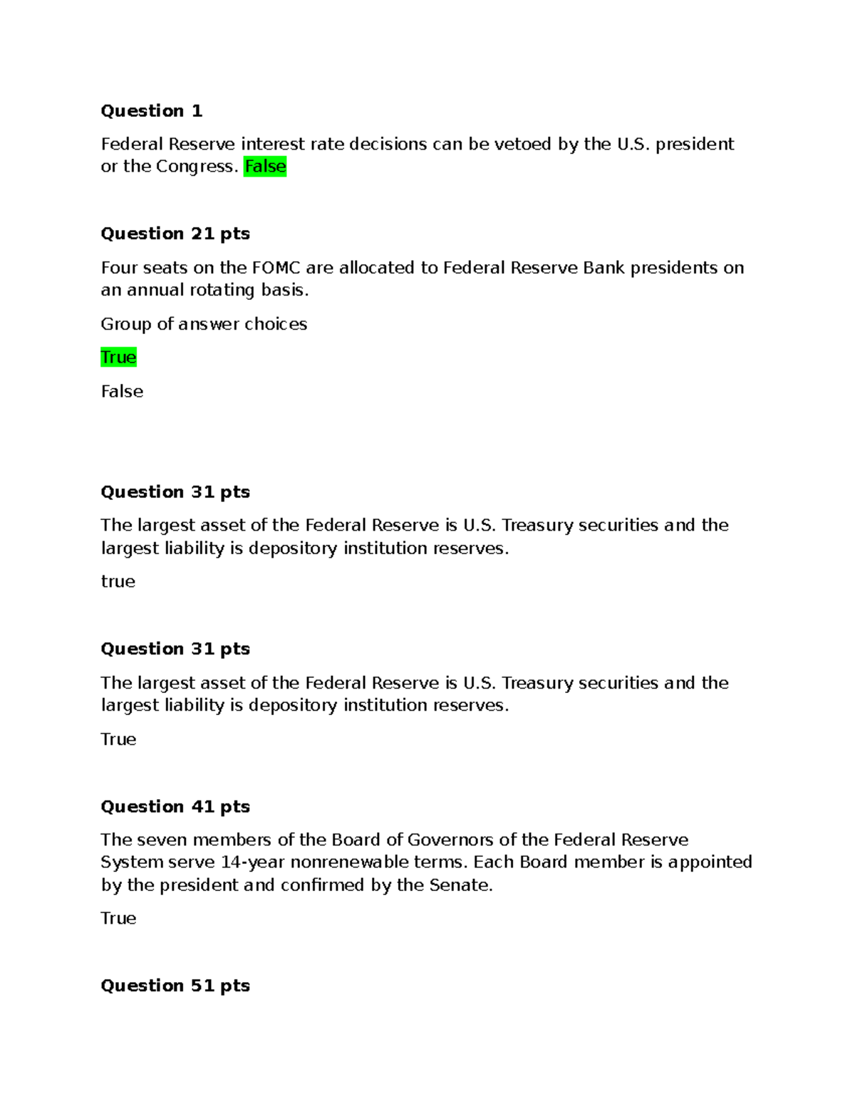 MBA 221 - Financial Markets Quiz: Federal Reserve Insights - Studocu