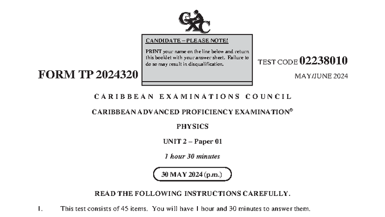 Physics 2024 CAPE Unit 2 Paper 01 Instructions and Test Items - Studocu