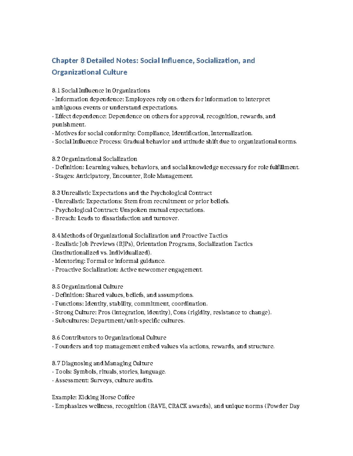Chapter 8 OB Notes: Social Influence, Socialization & Culture - Studocu