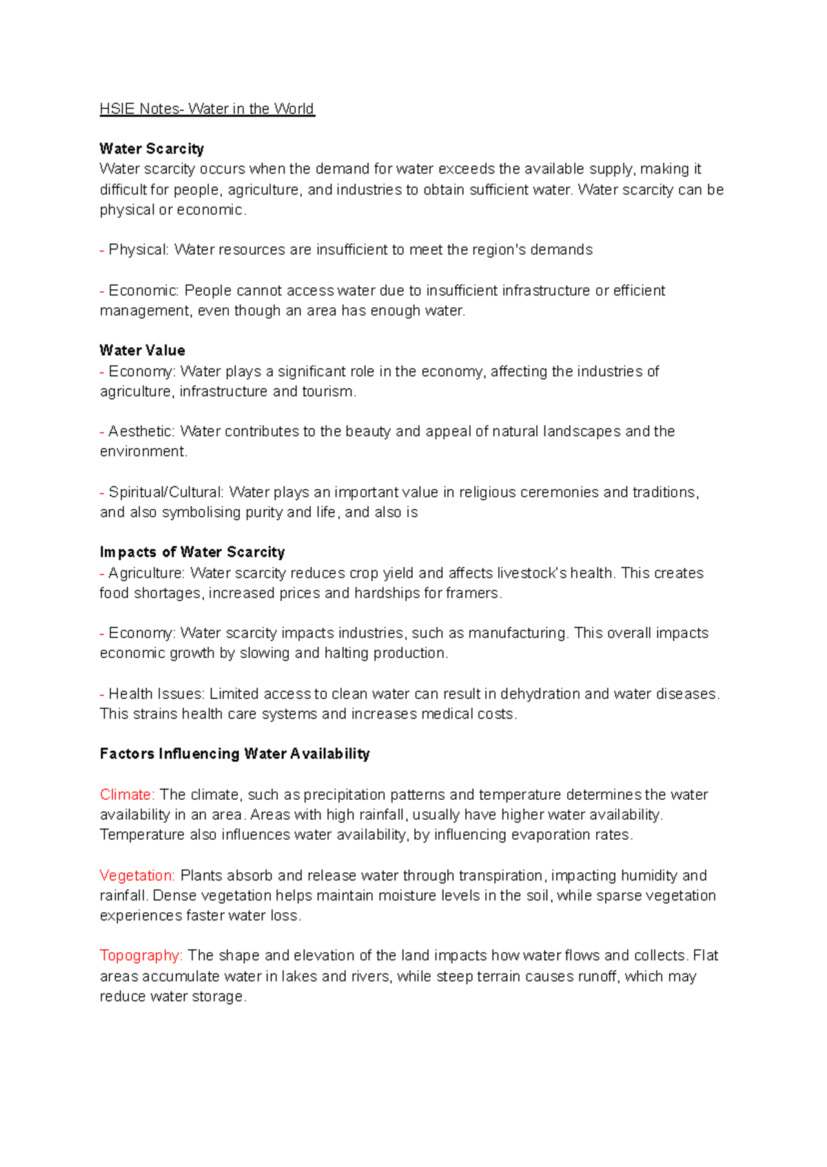 HSIE Year 8 Geography: Water Scarcity and Its Global Impacts - Studocu