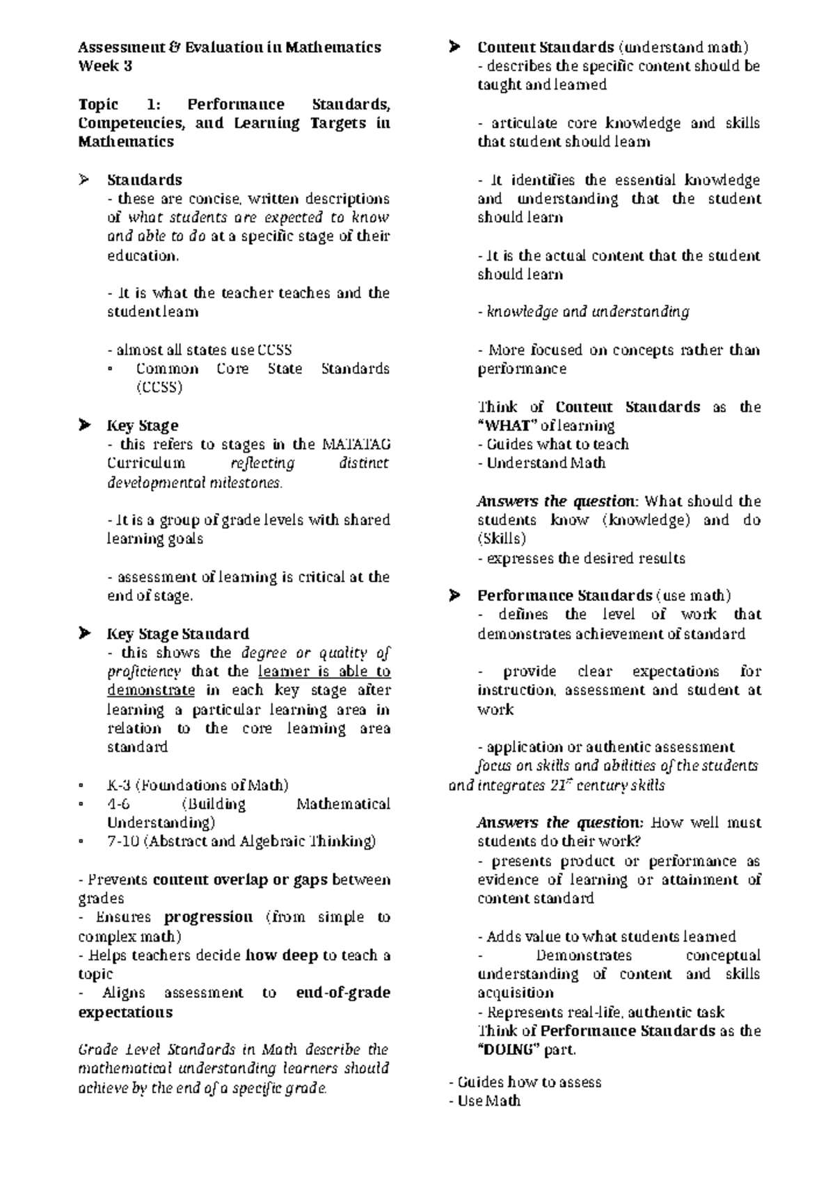 Assessment W2-3: Performance Standards & Competencies in Math - Studocu