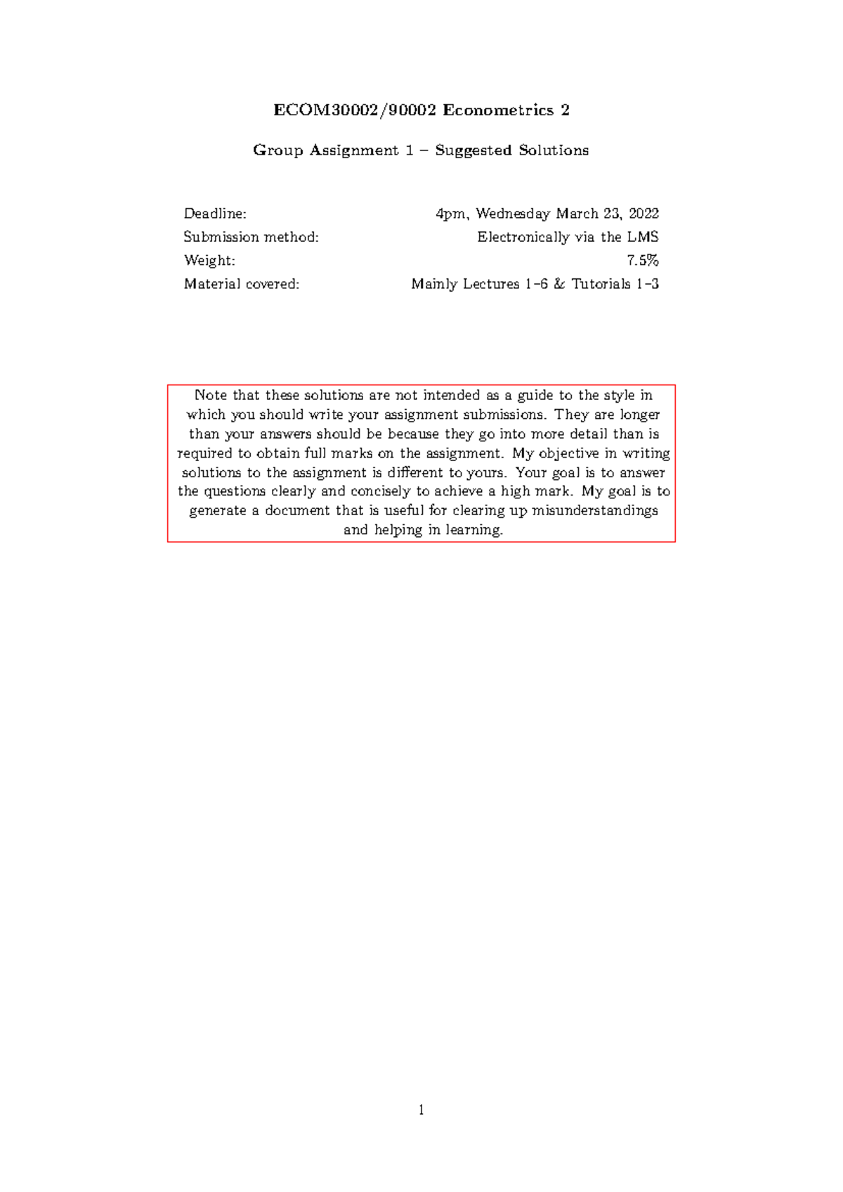 Assignment 1Solutions - ECOM30002/90002 Econometrics 2 Group Assignment ...