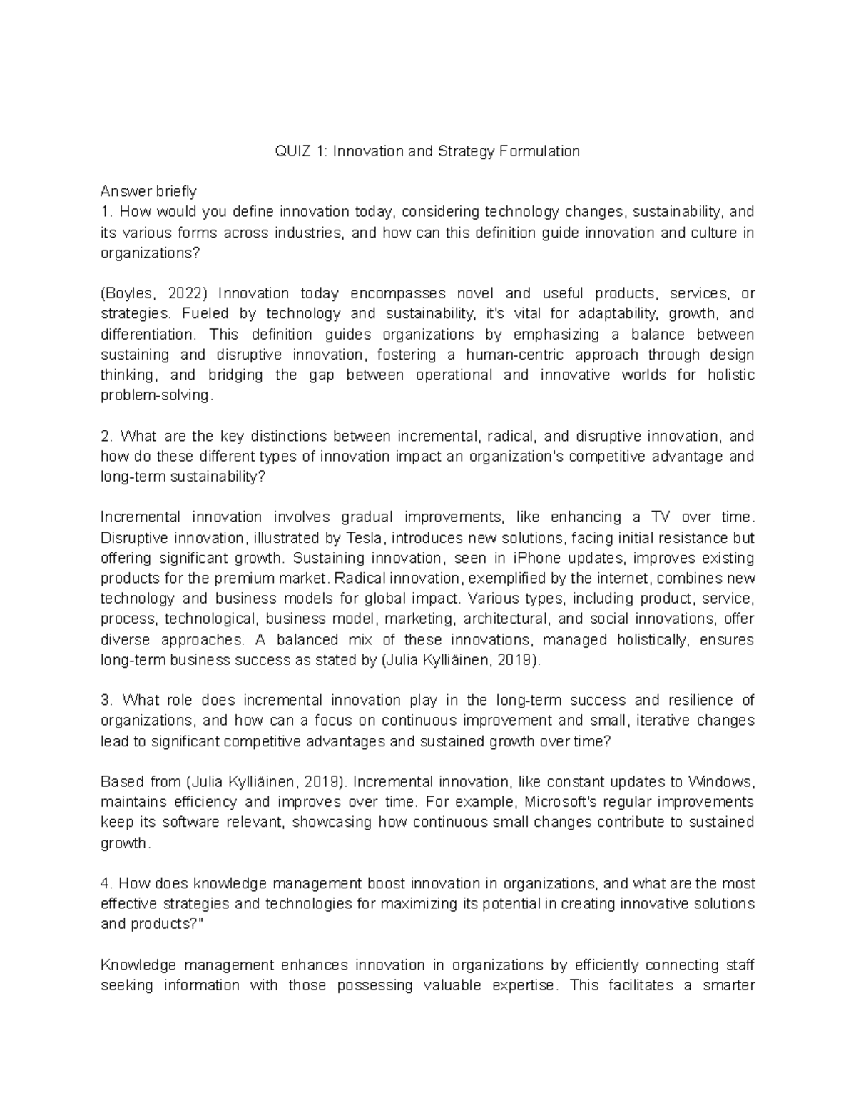 QUIZ 1: Innovation and Strategy Formulation Insights and Key Concepts - Studocu