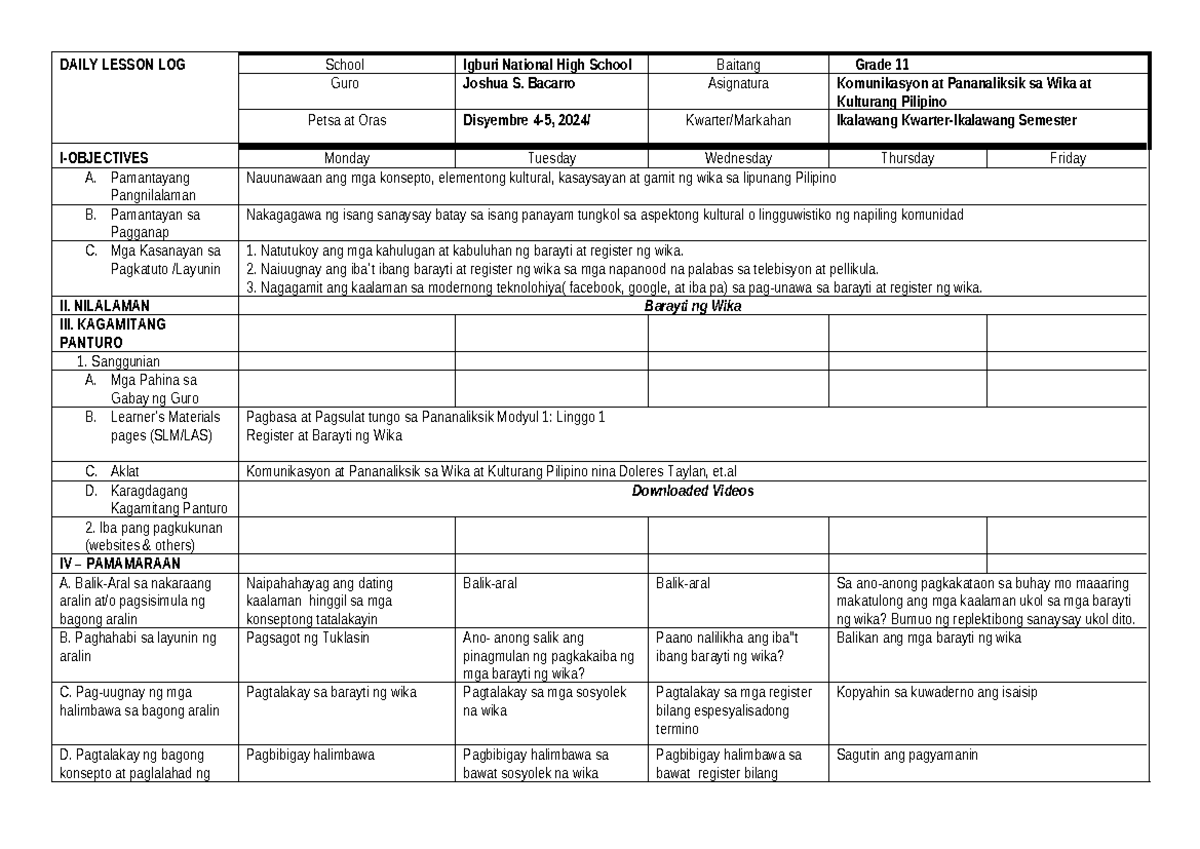 Daily- Lesson-LOG-Template Filipino aralin 3 - DAILY LESSON LOG School ...
