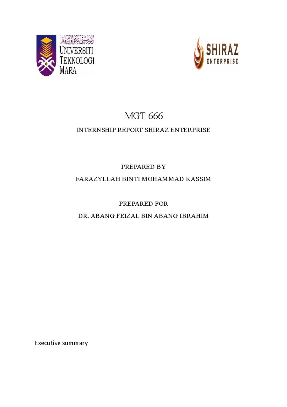 Example-Internship Report 1 - Internship Final Report at Bandar Utama ...