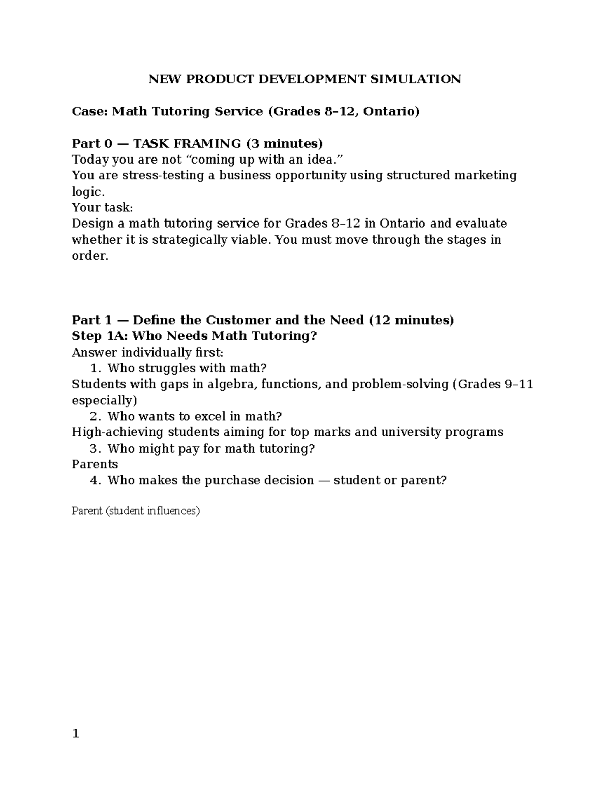 NEW PRODUCT DEVELOPMENT SIMULATION: Math Tutoring Service (Grades ...