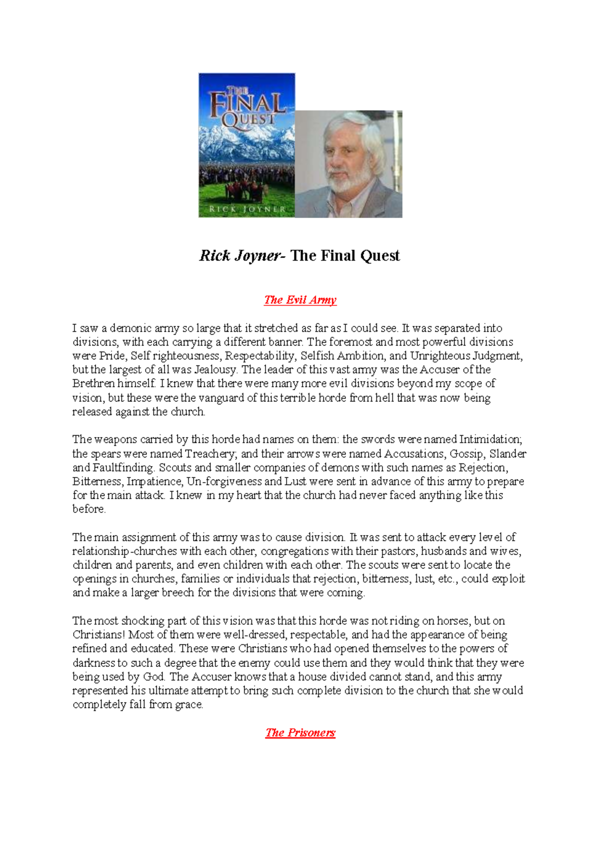 The Final Quest (Excerpt) - Rick Joyner's Vision of the Evil Army - Studocu