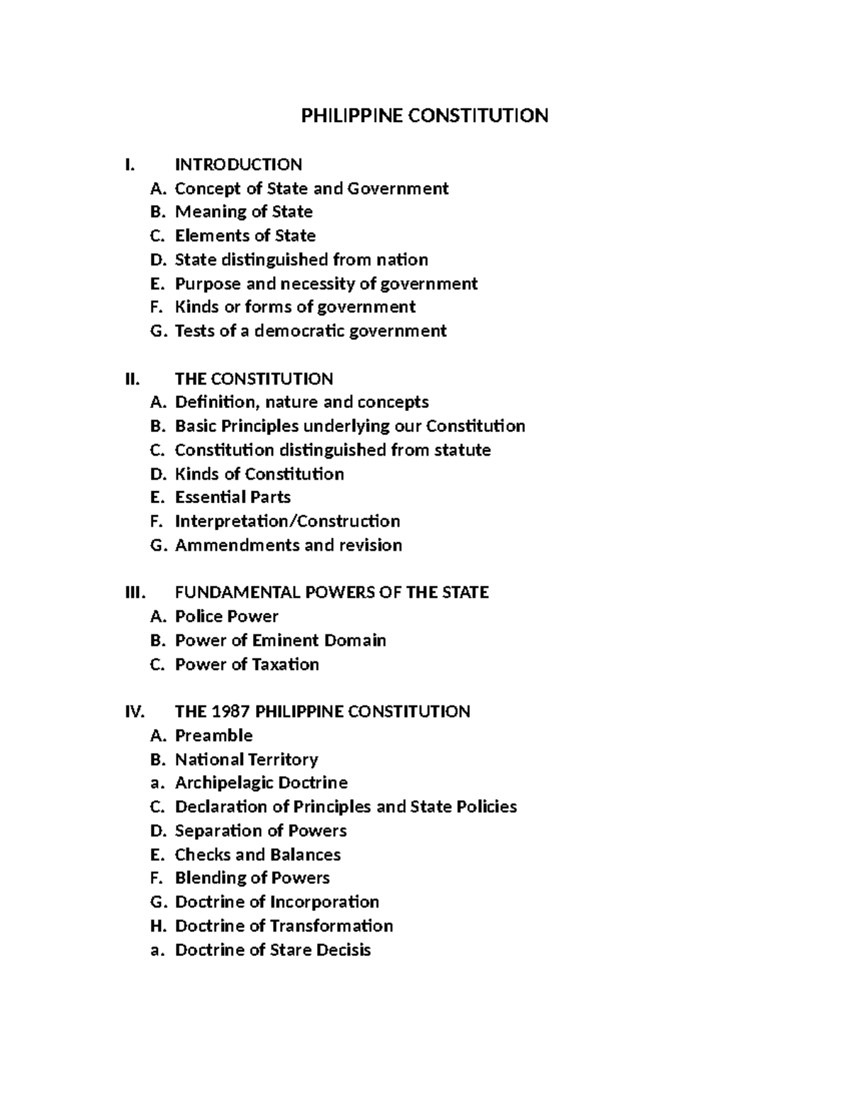 PhilCon Syllabus - PHILIPPINE CONSTITUTION I. INTRODUCTION A. Concept ...