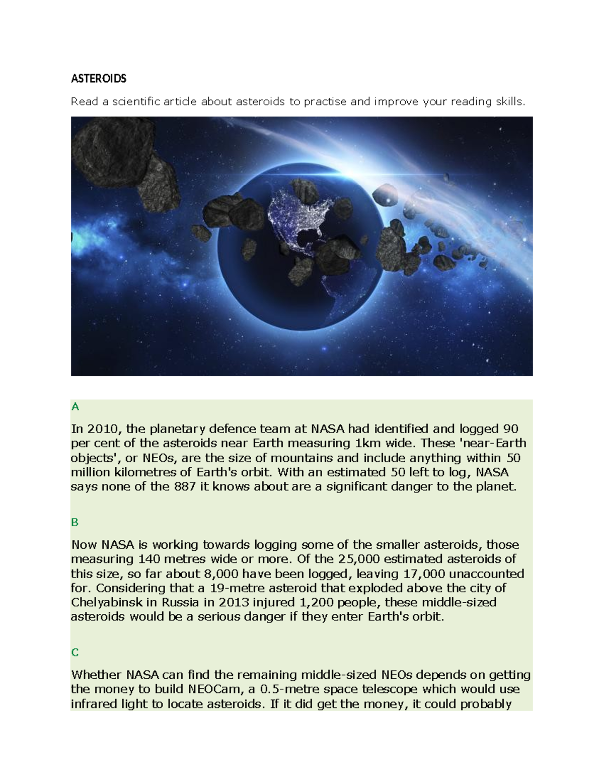 ASTR 101: Asteroids - BBC Reading Questions for Year 11 - Studocu