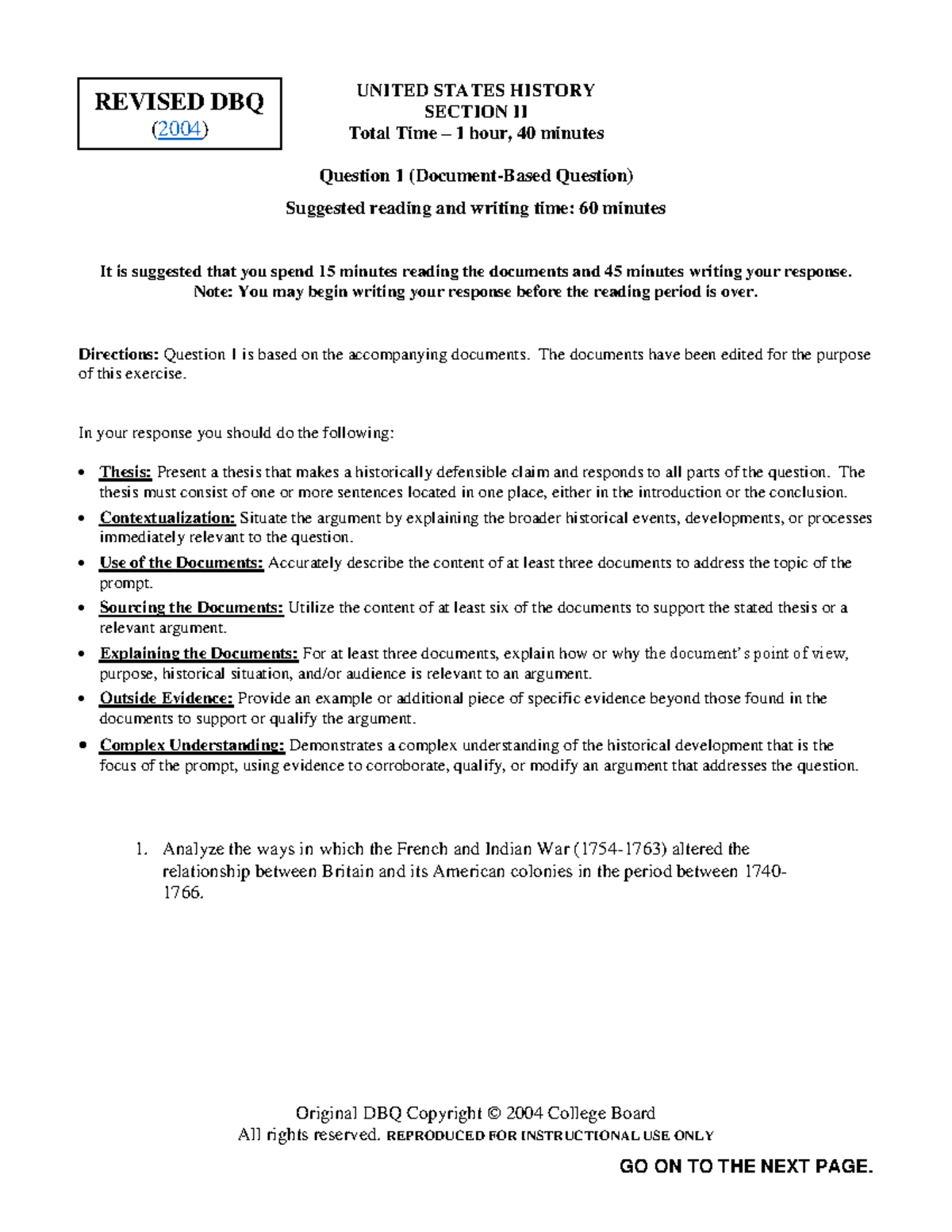 DBQ - 2004 MOD - Analyzing the Impact of the French and Indian War ...