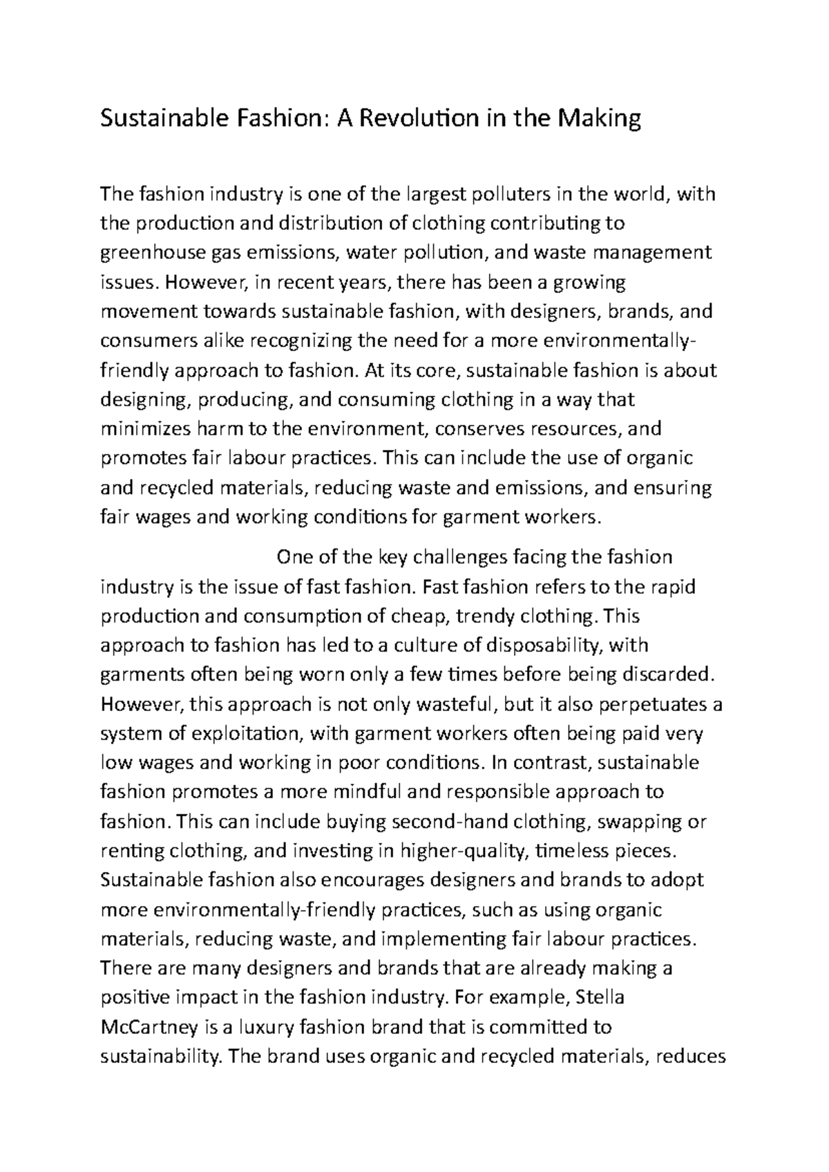 Sustainable Fashion - Practical work - Sustainable Fashion: A ...