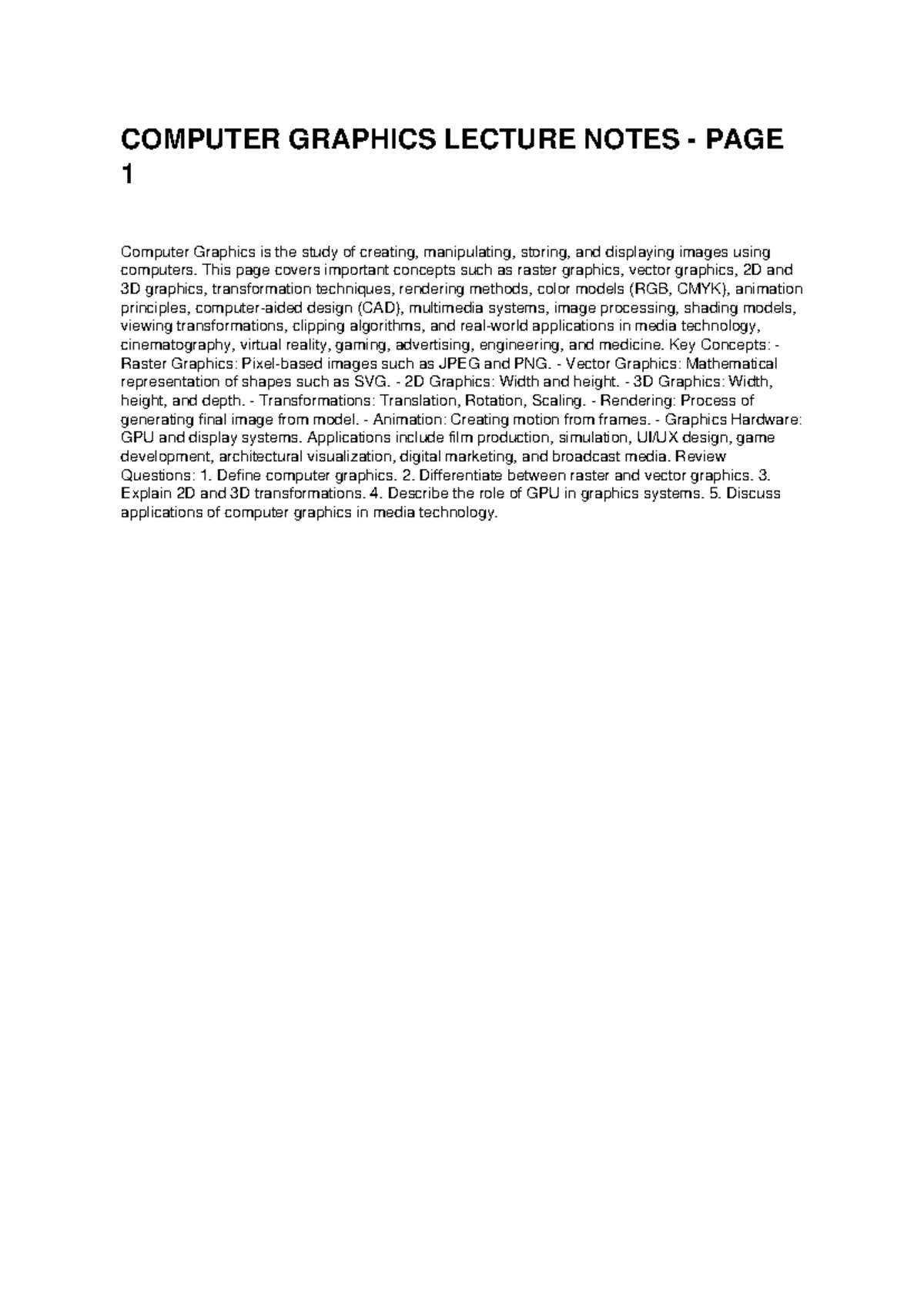 COMPUTER GRAPHICS LECTURE NOTES: Key Concepts & Applications - Studocu