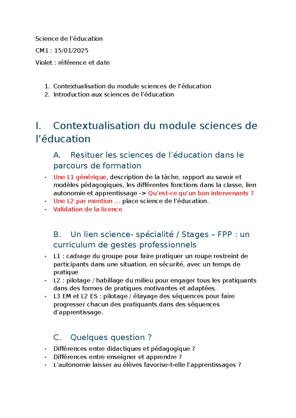 CM1 : Notes sur les Sciences de l'Éducation - Cours de 15/01 - Studocu