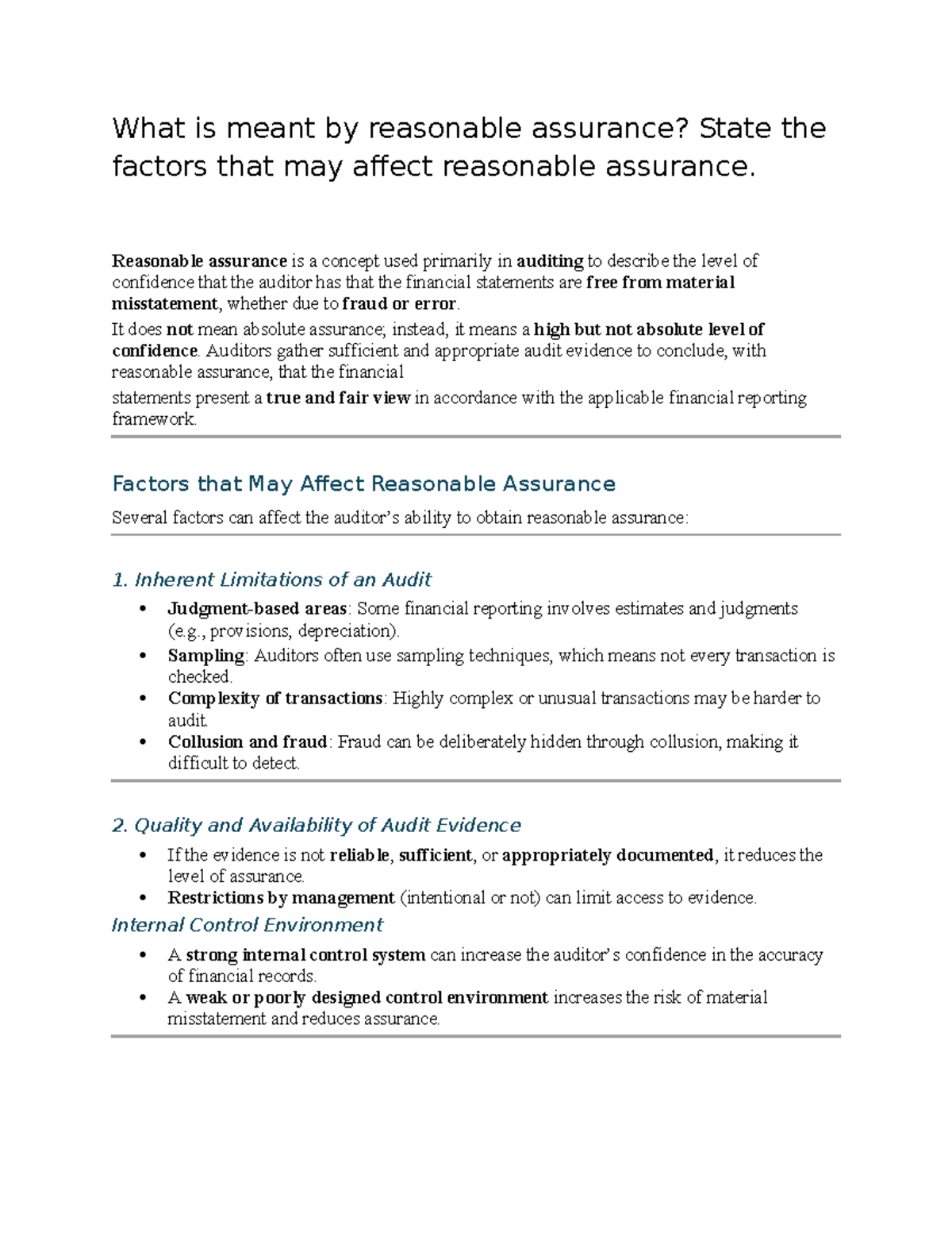 Audit Concepts and Factors Affecting Reasonable Assurance - Studocu