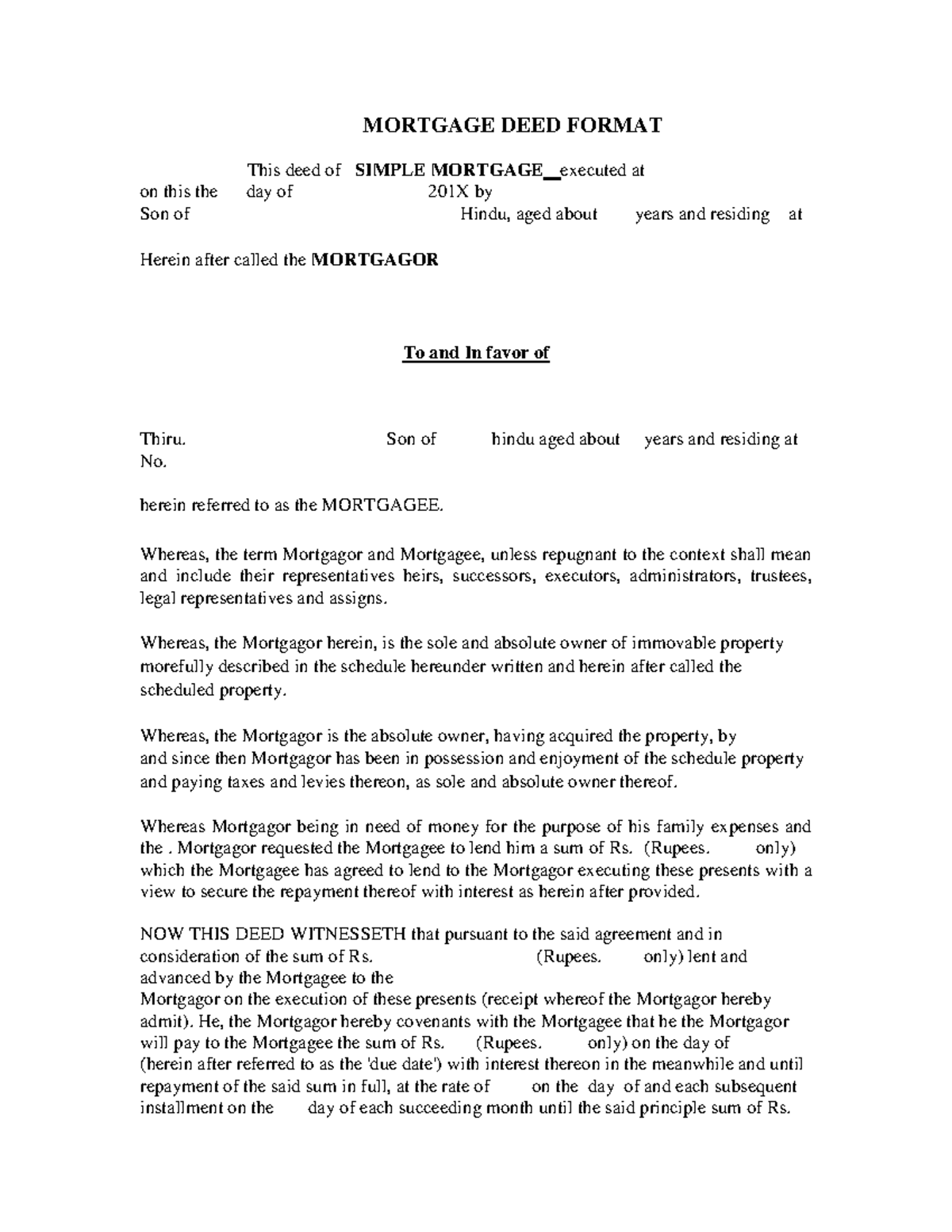 Simple Mortgage Deed - bbbb - MORTGAGE DEED FORMAT This deed of SIMPLE ...