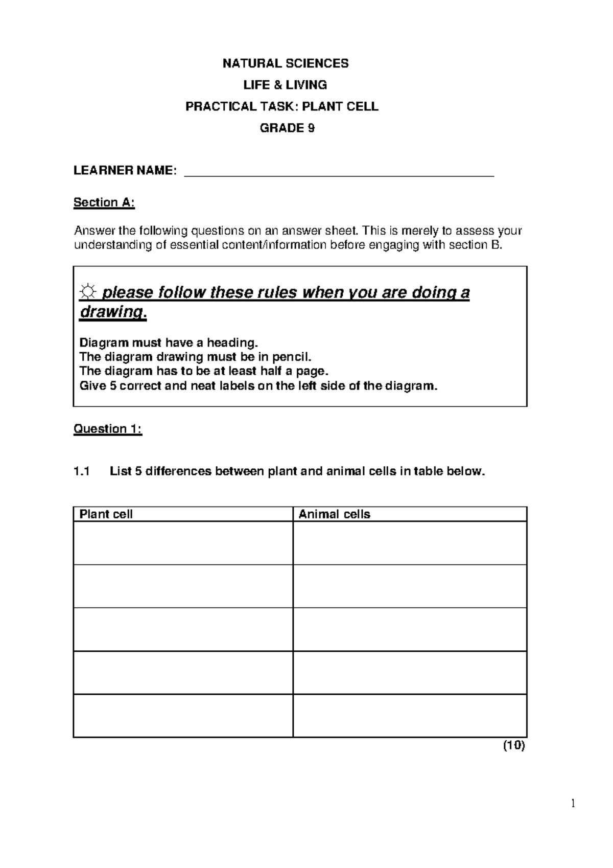 Grade 9 NS Practical Task: Plant Cell Differences & Functions - Studocu