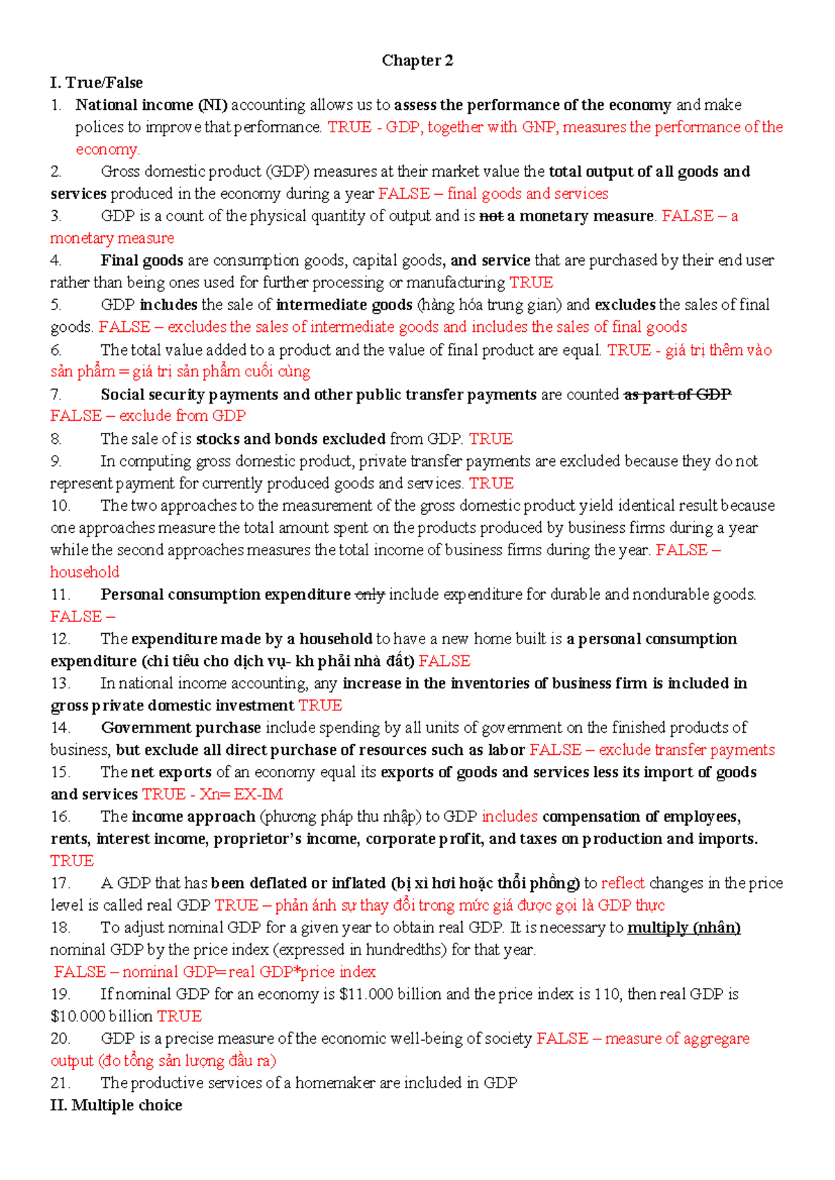 Chapter 2 - Chương 2 - Chapter 2 I. True/False National income (NI ...