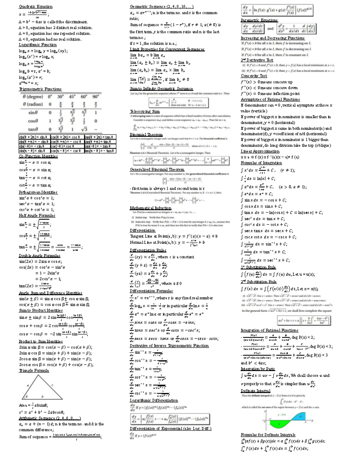 Cheat Sheet V2: Quadratic Equations, Sequences & Functions - Studocu