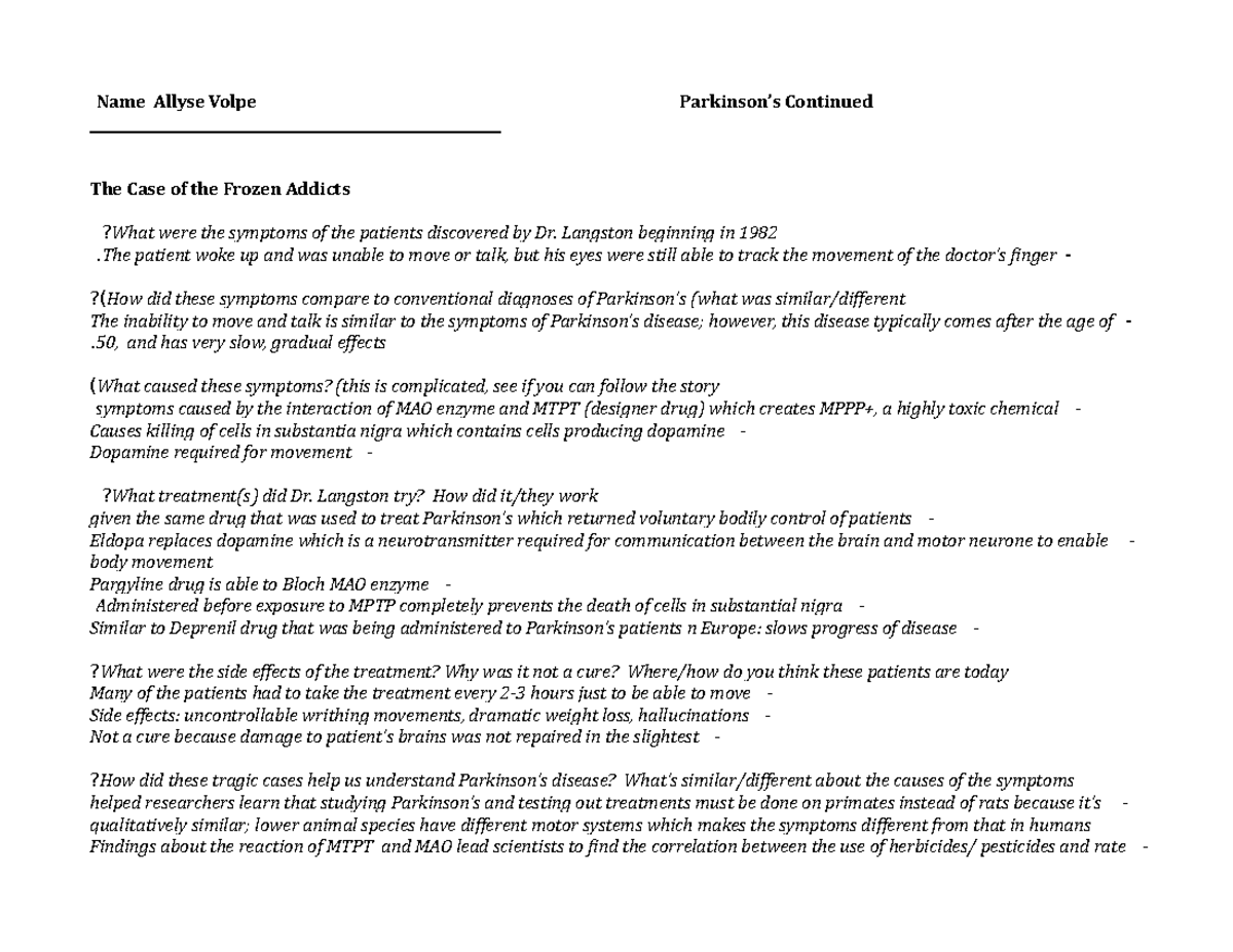Biopsychology (BPSY 300) Final Exam Notes on Frozen Addicts Case Study ...