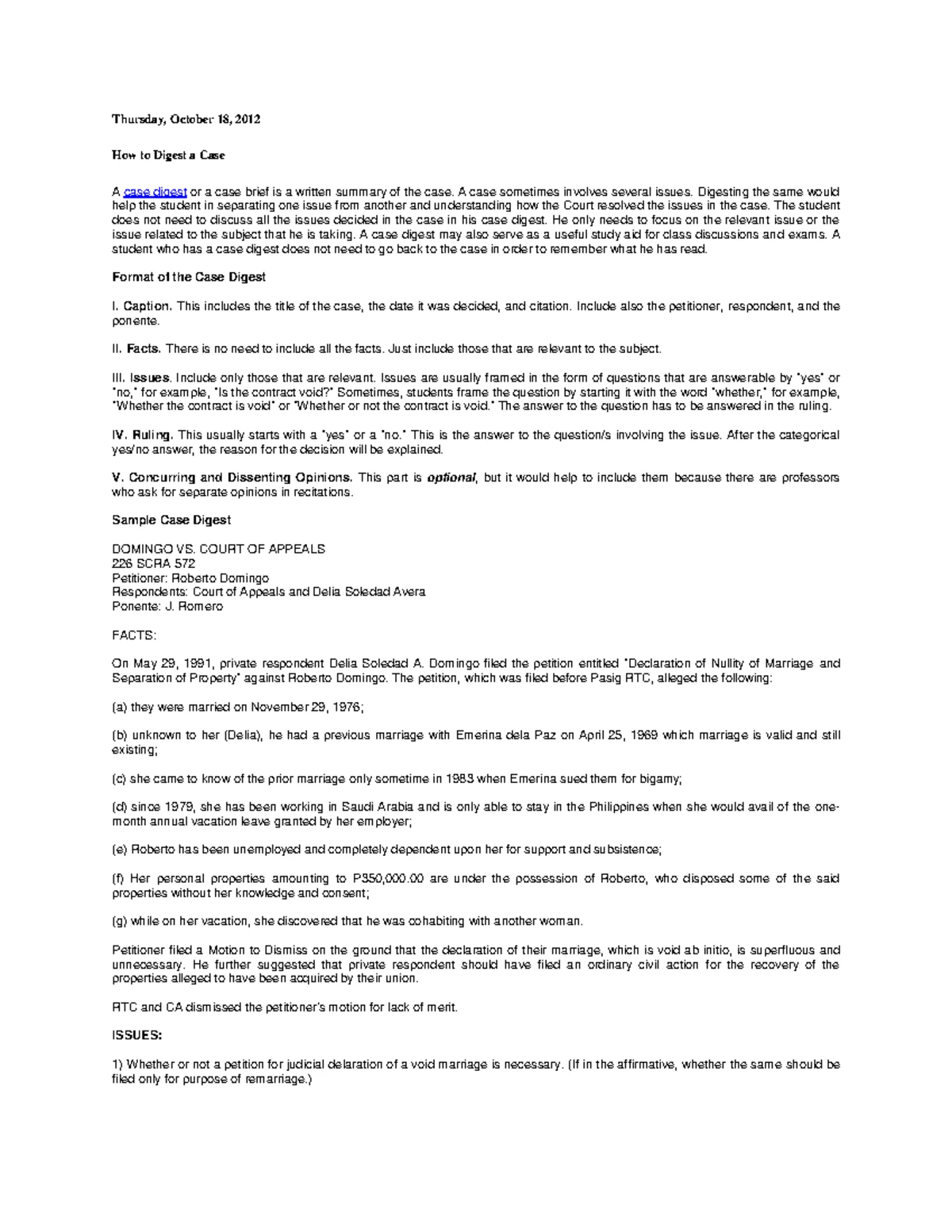Ilide - Case Digest Format and Tips for Law Students - Studocu