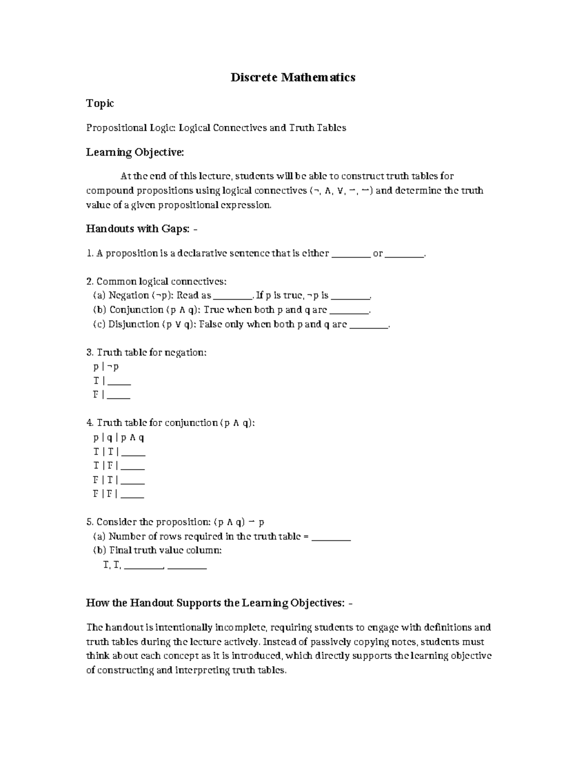 Discrete Mathematics (DM101) Lecture: Propositional Logic & Truth ...