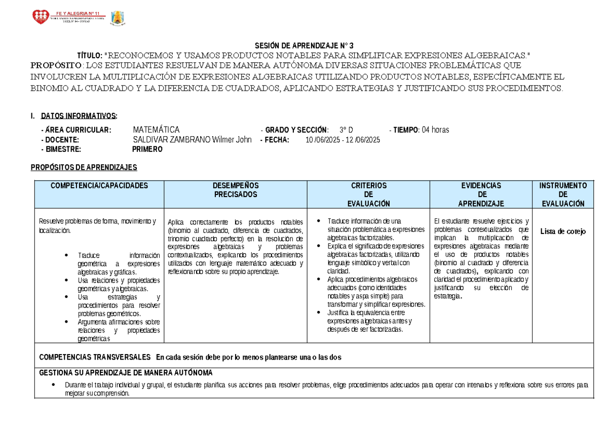 Sesión de Aprendizaje 3 - MATE 3RO SEC: Productos Notables y Simplificación - Studocu