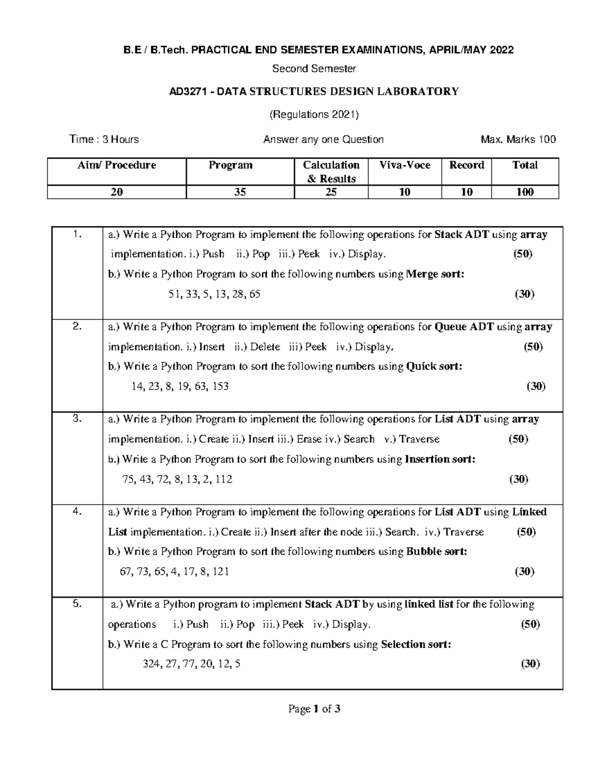 AD3271 DATA STRUCTURES DESIGN LAB - Practical Exam Questions Set 1 ...