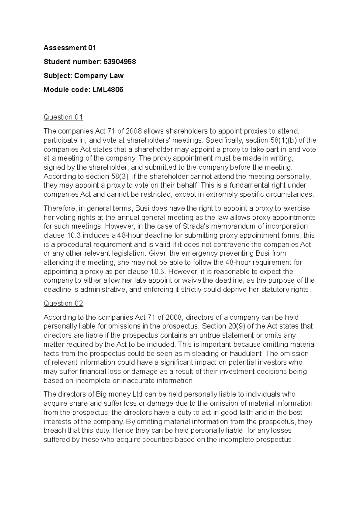 LML 4806 Assement 01 - mandatory assignments - Assessment 01 Student number: 53904958 Subject ...