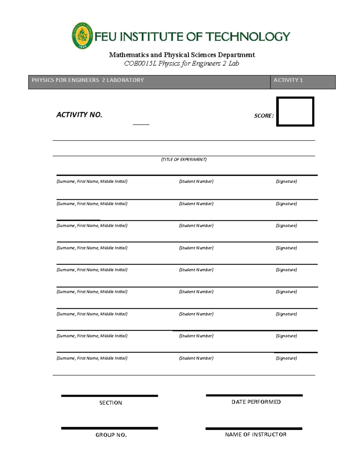 COE0015L Physics for Engineers 2 Lab: Buoyancy Activity Report - Studocu