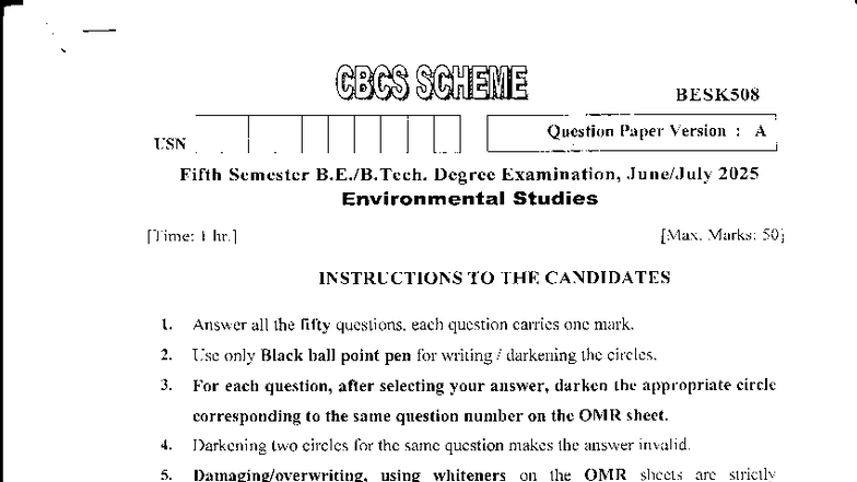 Besk508 Environmental Studies Question Paper Version A 2025 Studocu