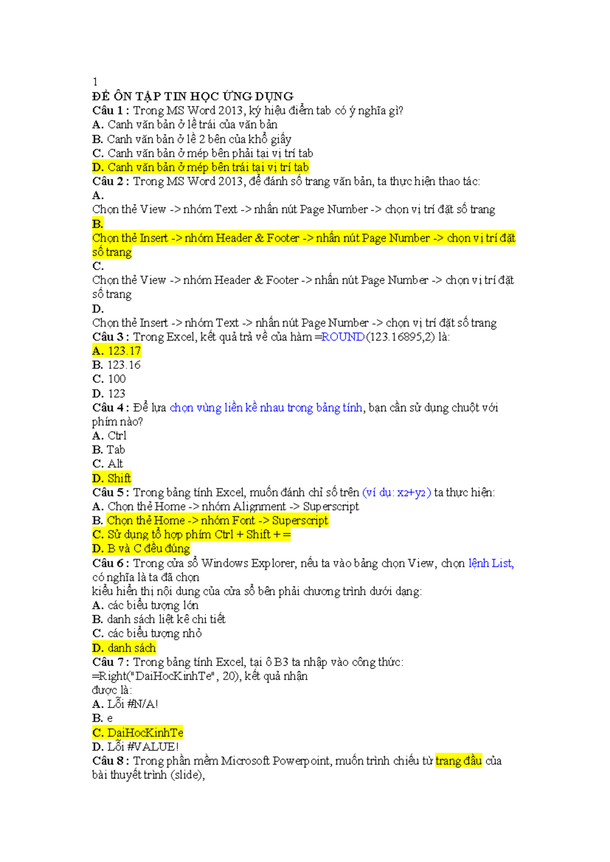 ĐỀ ÔN TẬP TIN HỌC ỨNG DỤNG - MS Word, Excel, PowerPoint - Studocu