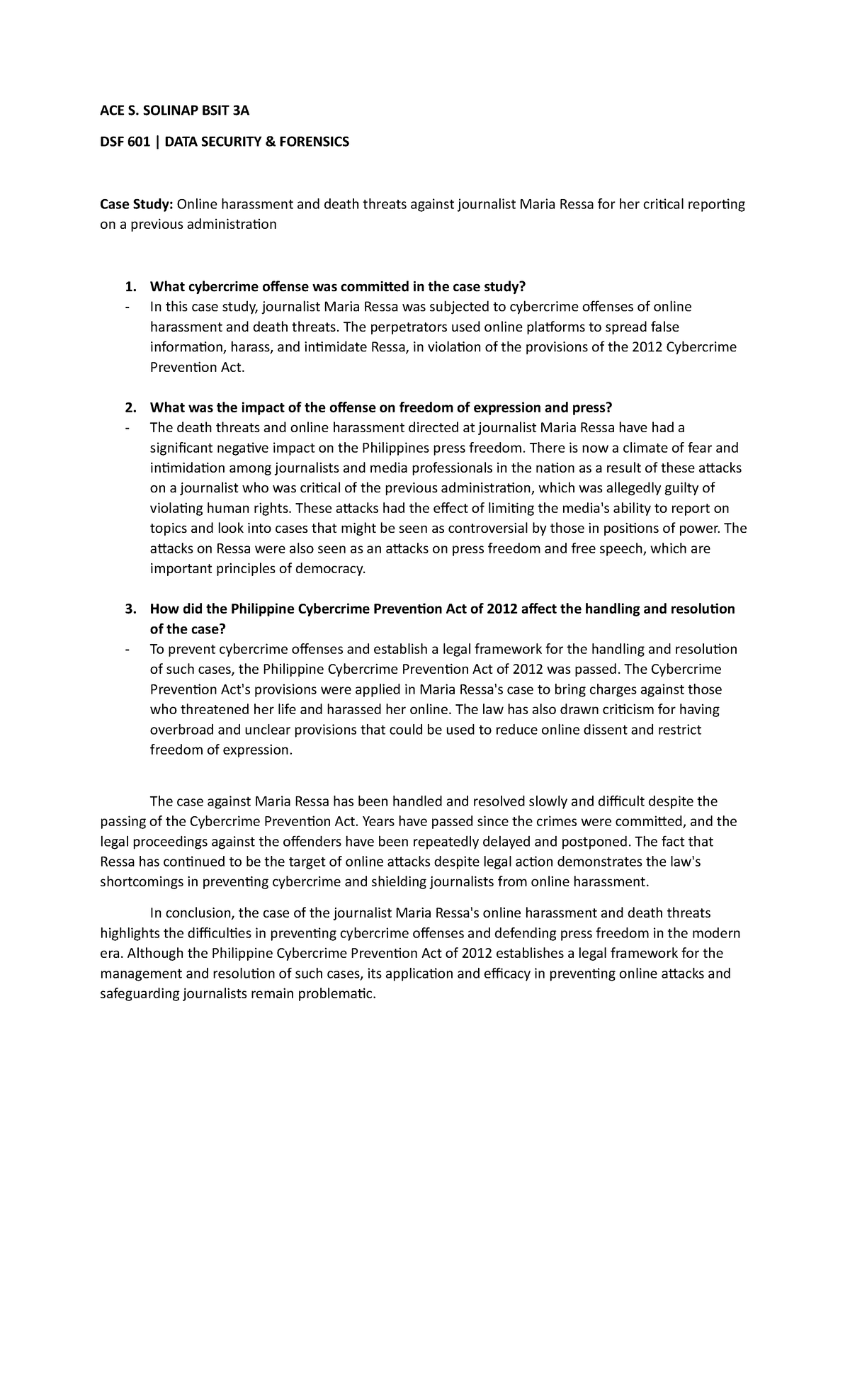 Cybercrime CASE Study Analysis - ACE S. SOLINAP BSIT 3A DSF 601 | DATA ...
