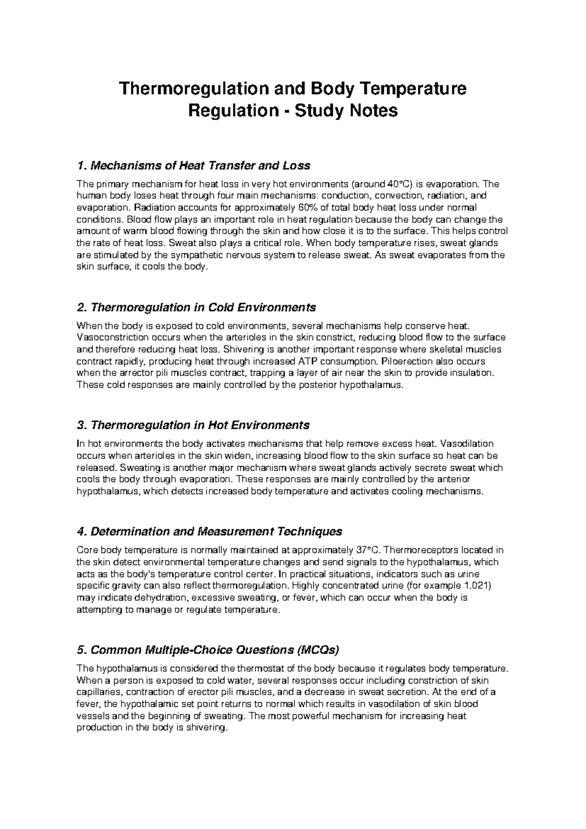 Thermoregulation Study Notes: Mechanisms of Heat Transfer & Loss - Studocu