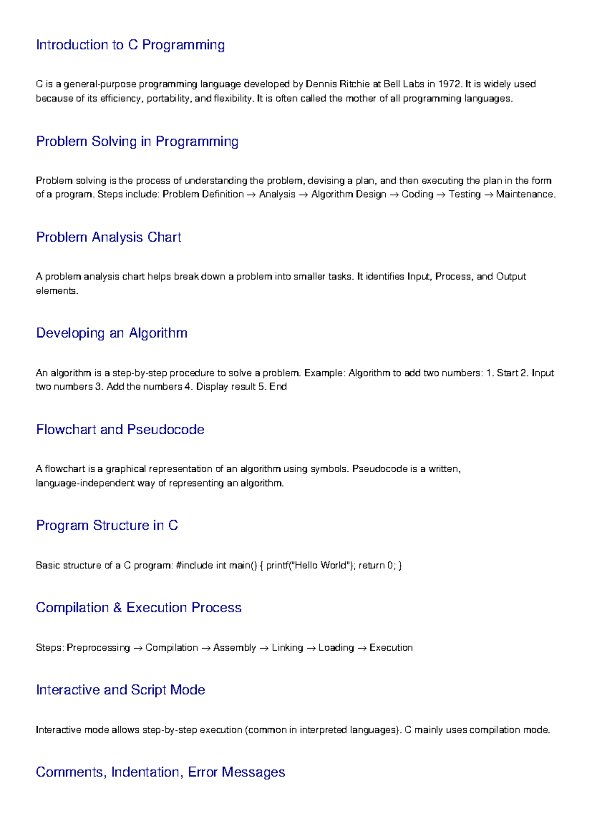 C Programming Notes: Introduction & Problem Solving Techniques - Studocu