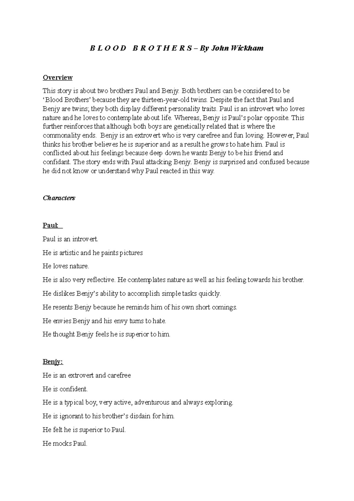 Blood Brothers - CXC Character Analysis and Overview - Studocu