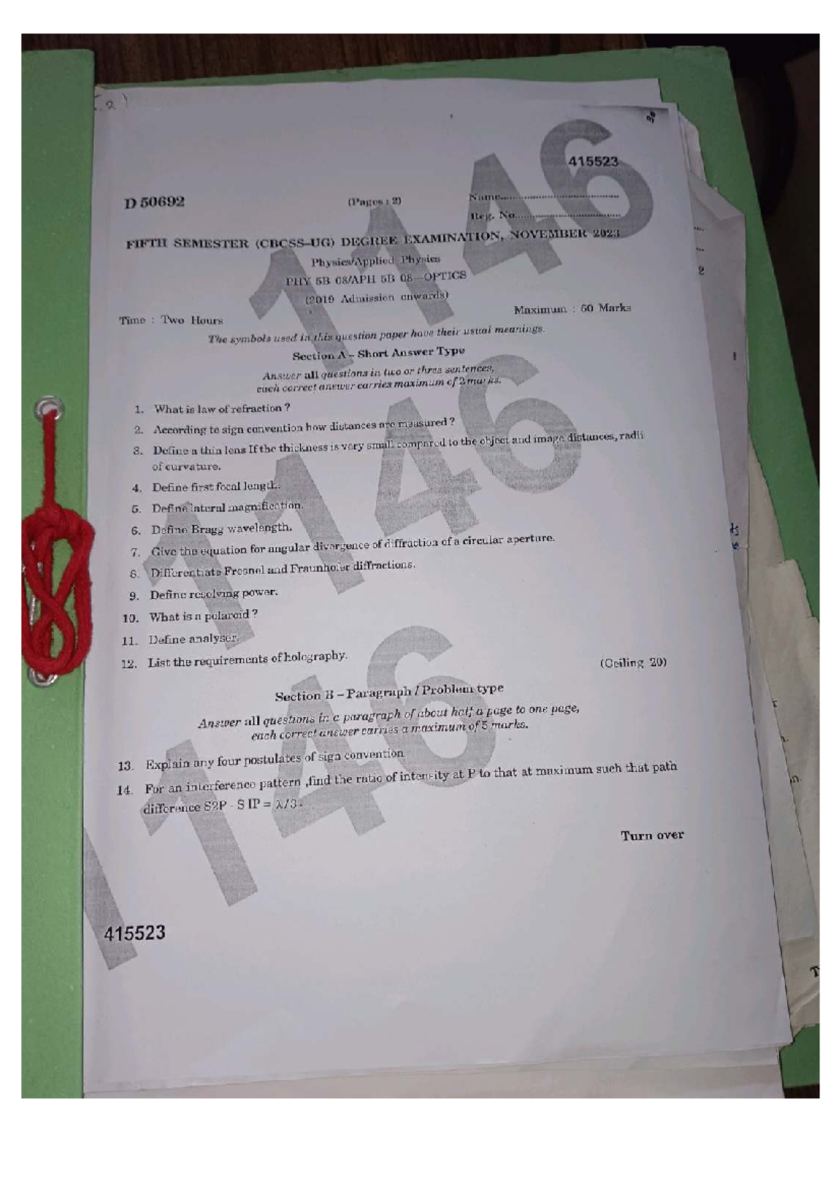 FIFTH SEMESTER B.Sc. DEGREE EXAMINATION 2023 - Physics PHY 5B OPTICS ...