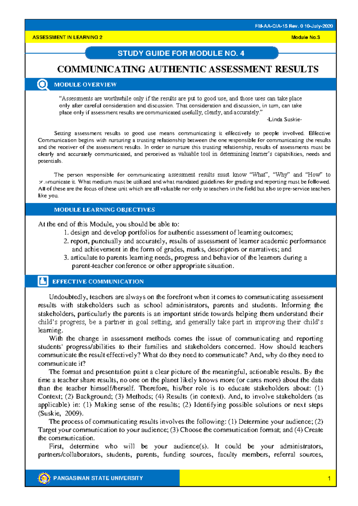 Assessment in Learning 2: Study Guide for Module 4 on Communication ...