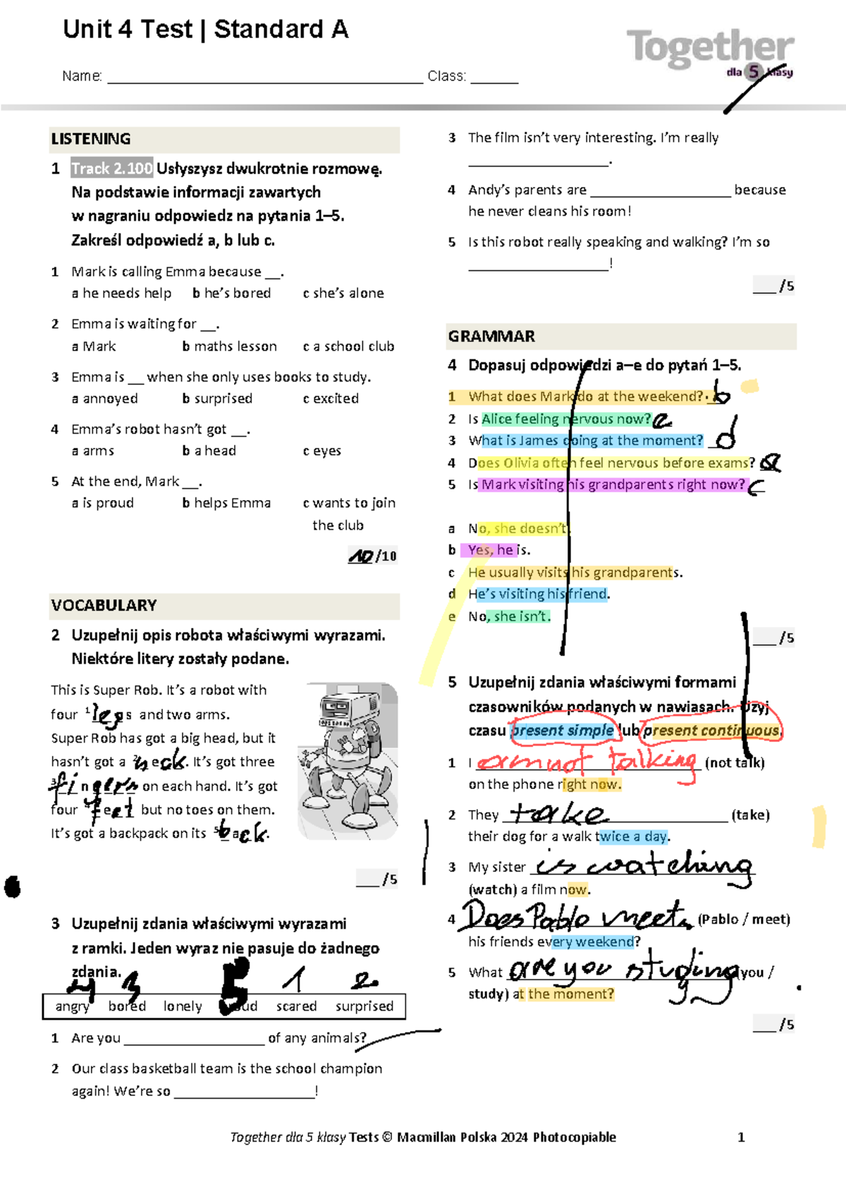 Unit 4 Test Standard A: Listening & Vocabulary for Class 5 - Studocu