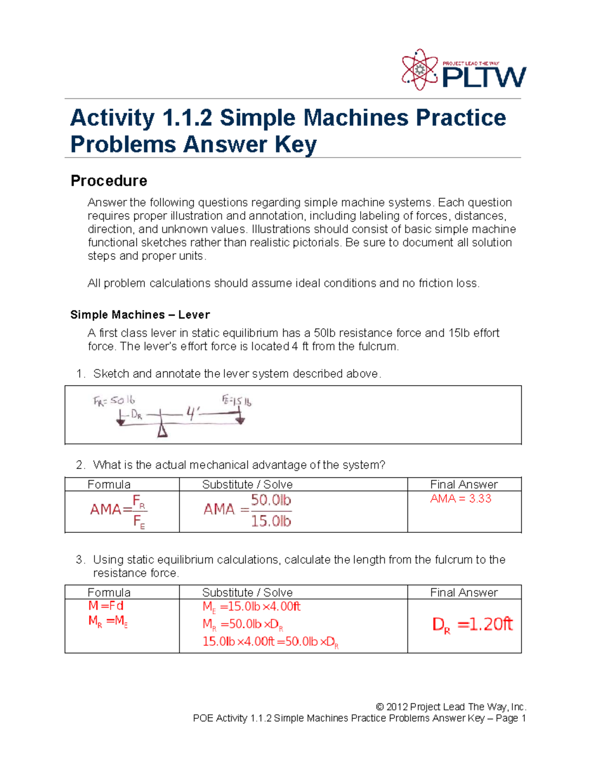 POE 1.1.2 Simple Machines Practice Problems Answer Key - Studocu