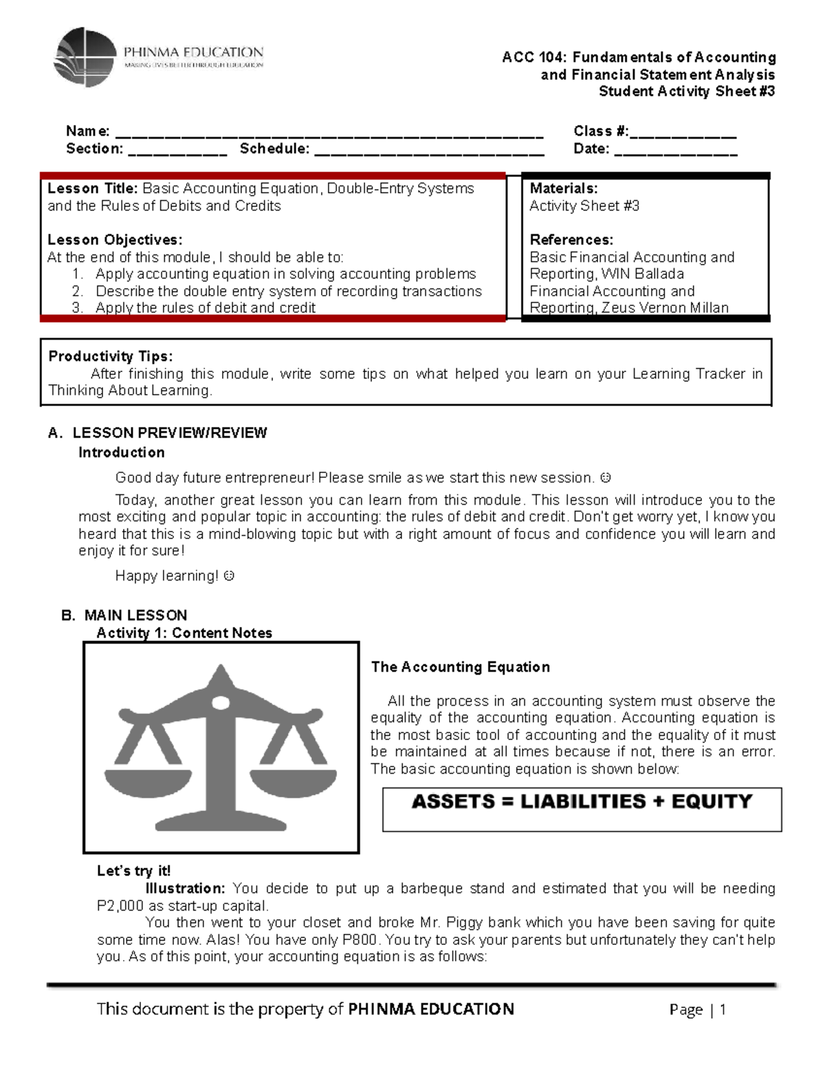 ACC 104: Basic Accounting Equation & Rules of Debits and Credits - Studocu