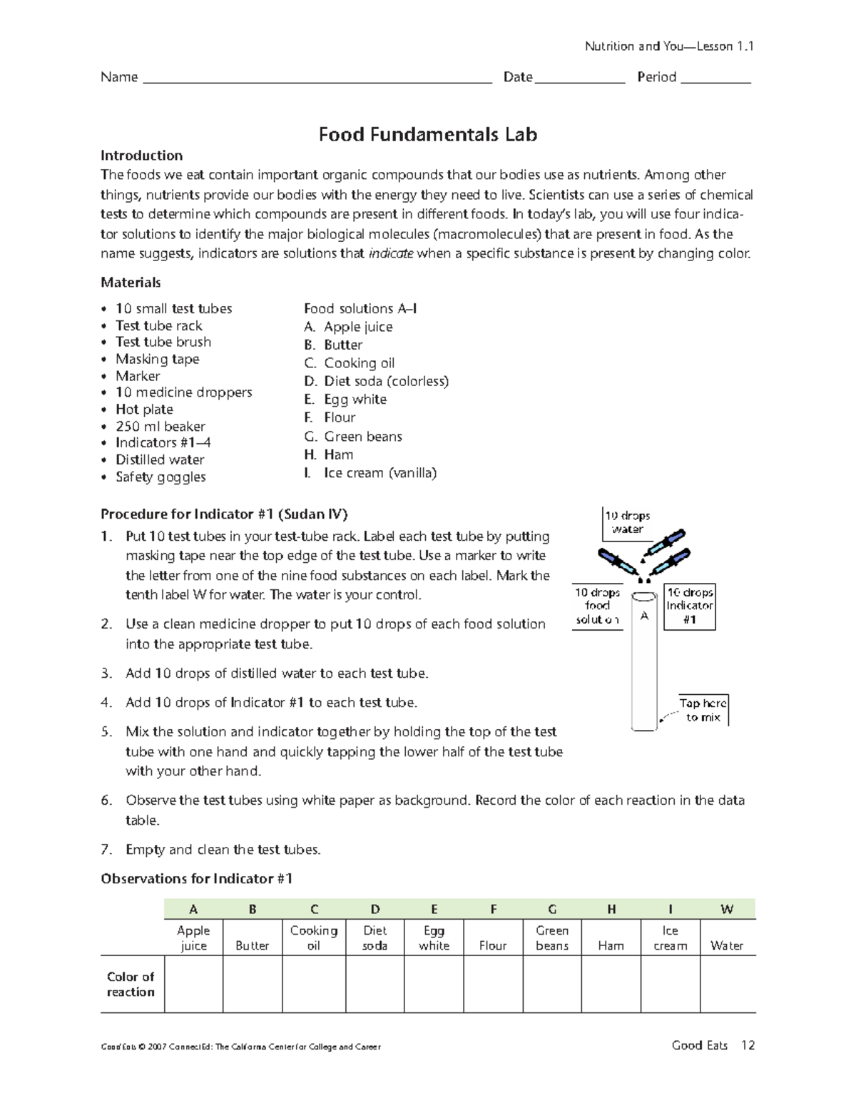 Food Fundamentals Lab (BIO 101) - Exploring Nutrients and Indicators ...