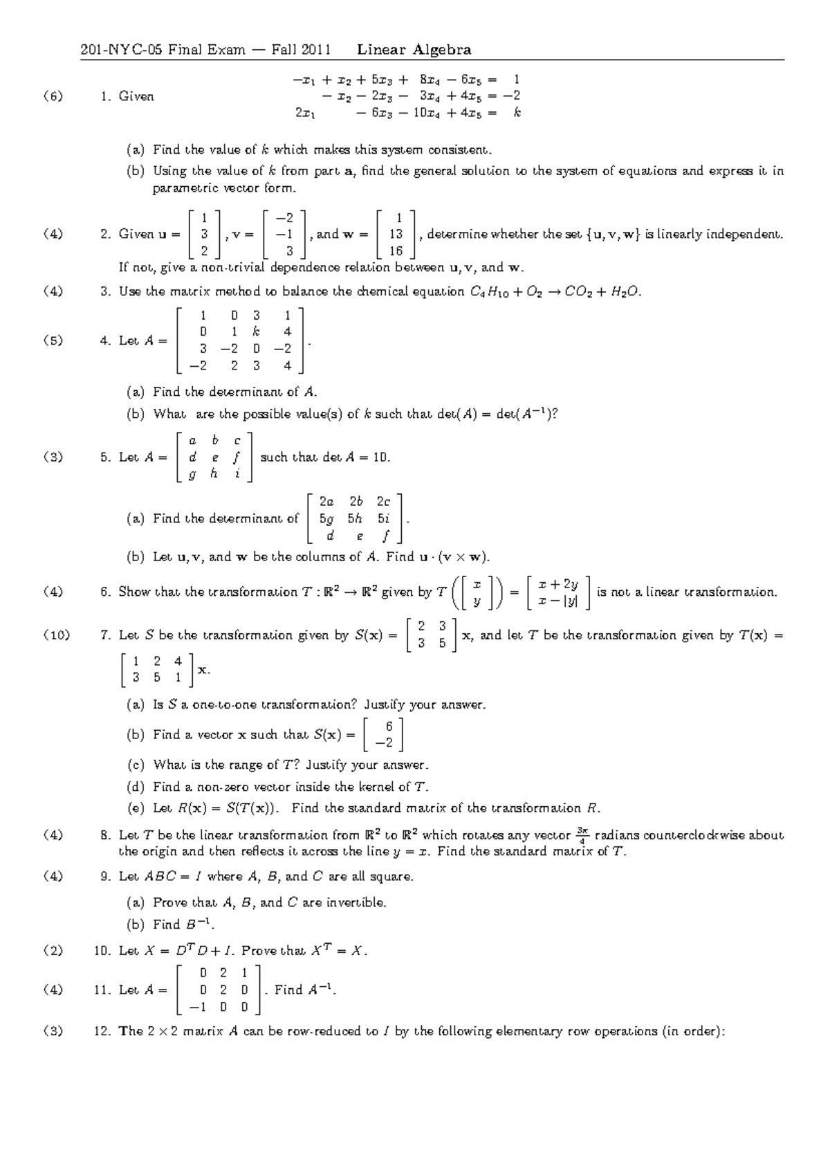 Final Exam Fall 2011 - Linear Algebra Practice Questions - Studocu