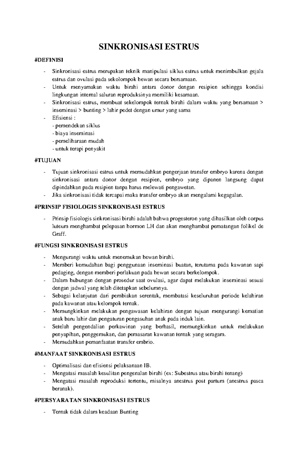 Sinkronisasi Estrus: Definisi, Tujuan, Prinsip, dan Fungsi - Studocu