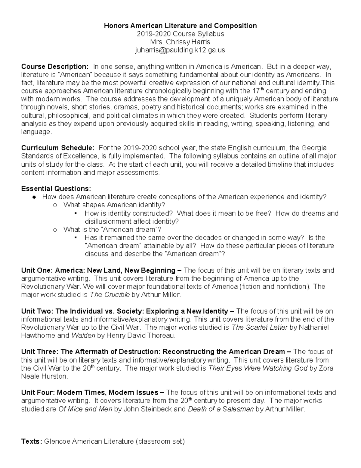 Honors American Lit & Comp Syllabus 2019-2020 by Mrs. Harris - Studocu