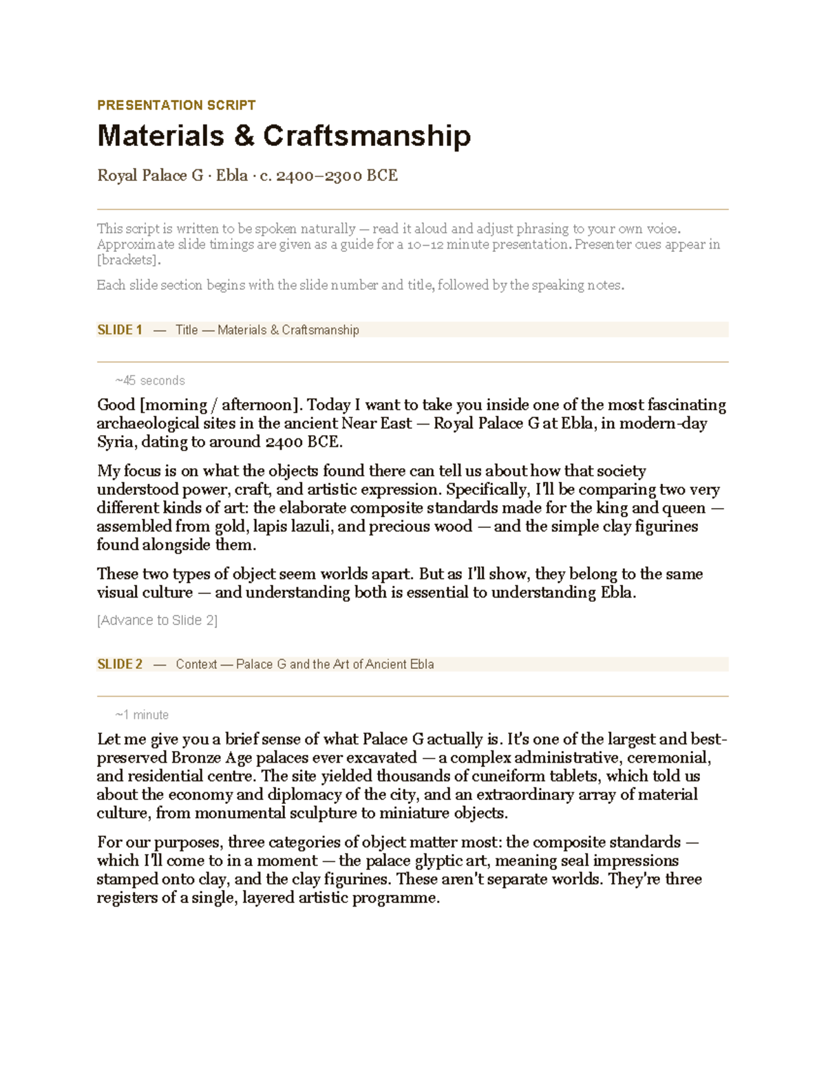 Ebla Presentation Script: Materials & Craftsmanship in Royal Palace G ...
