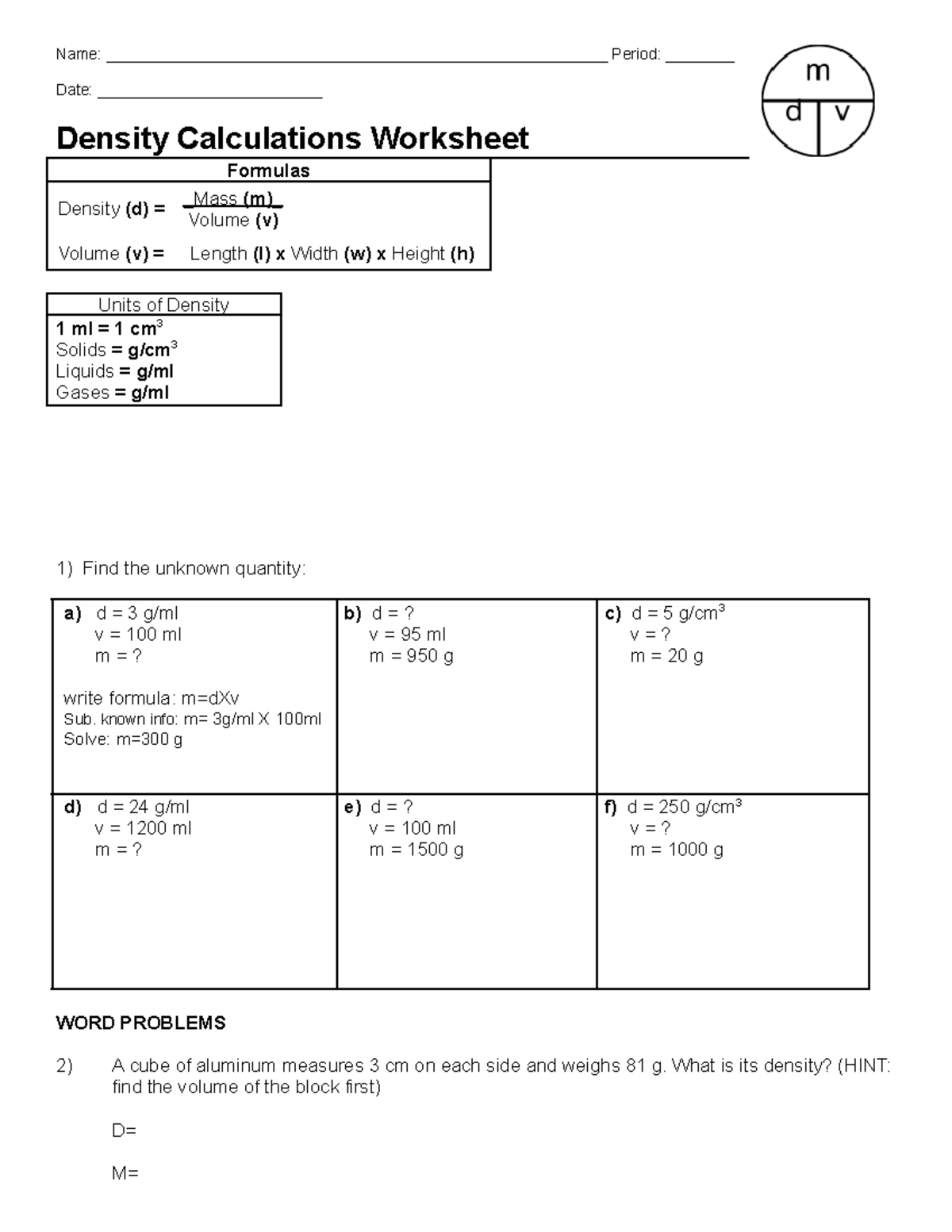 Density Calculations Worksheet (WS) - Formulas & Problems - Studocu