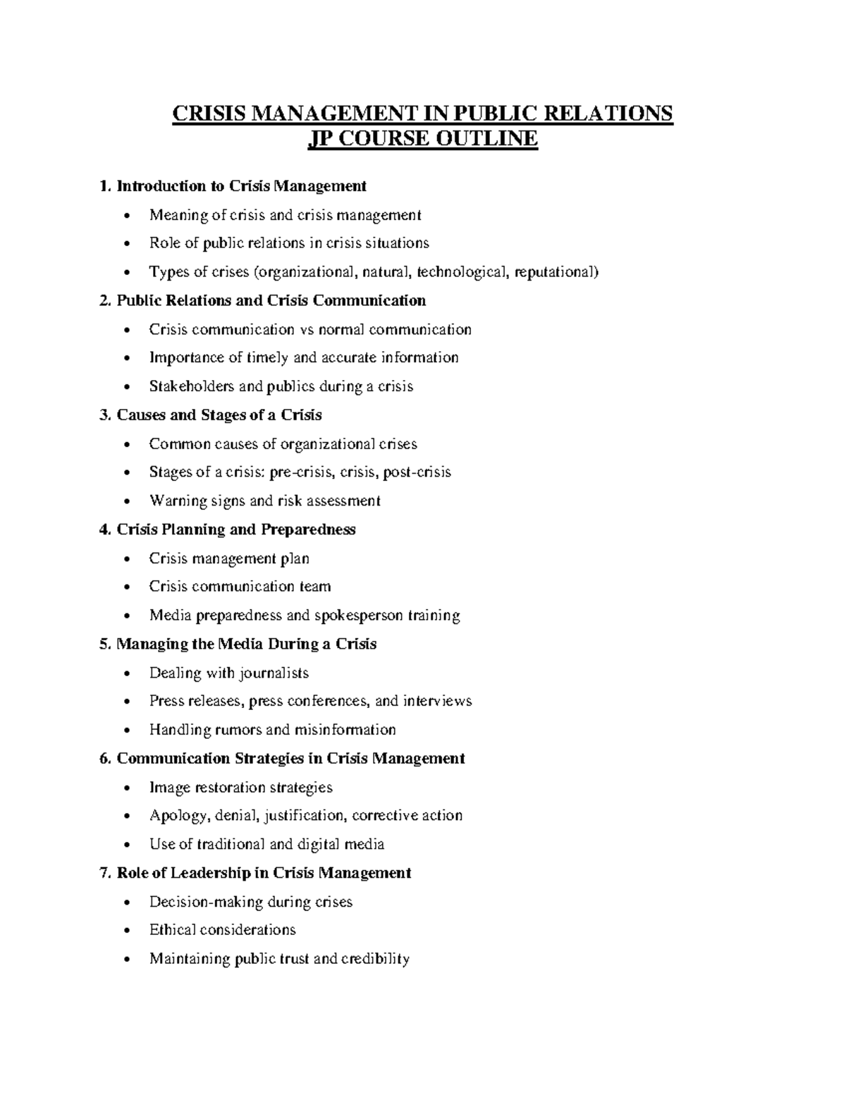 Crisis Management in Public Relations: JP Course Outline & Notes - Studocu